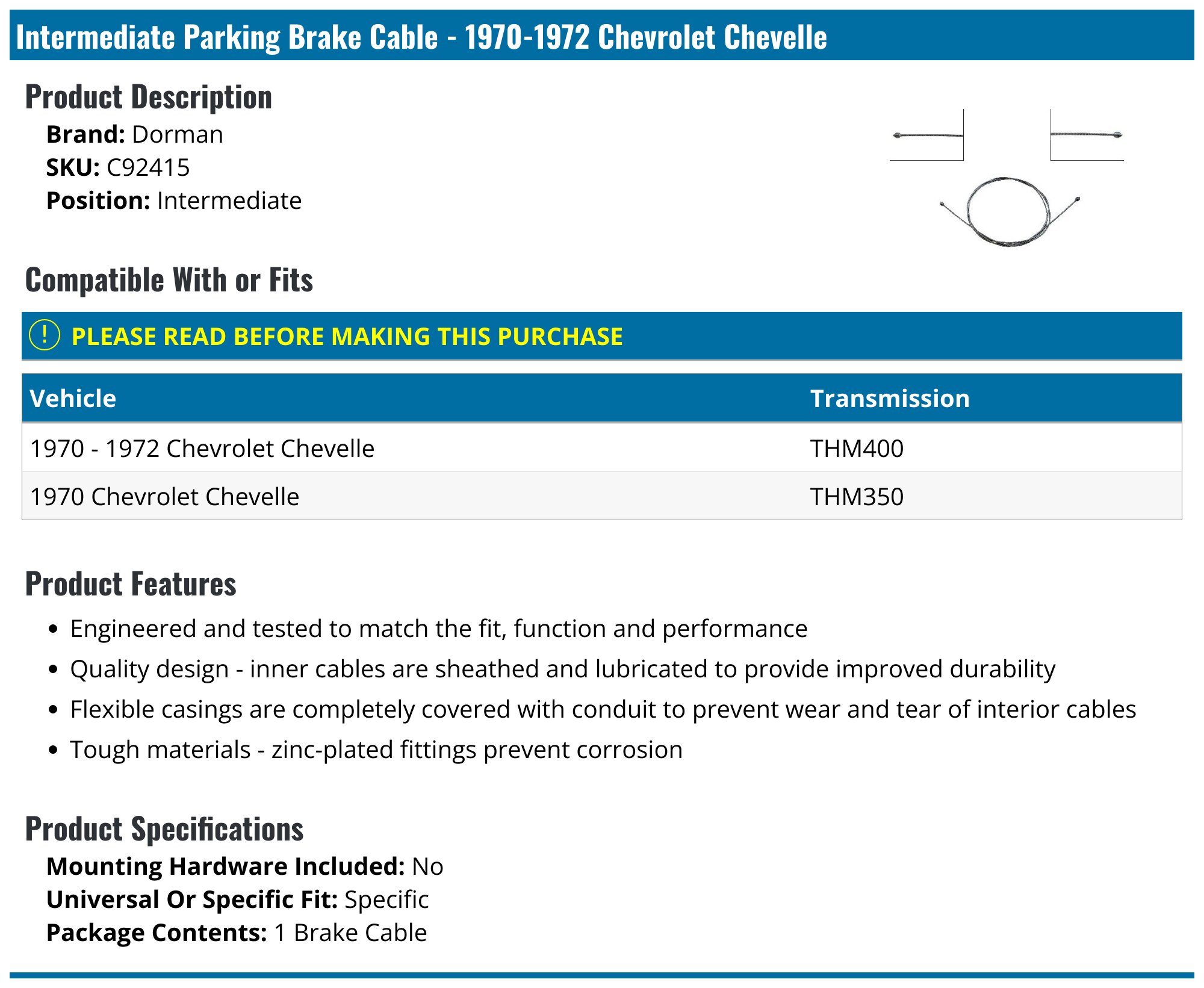 1970-1972 Chevrolet Chevelle Parking Brake Cable - Dorman C92415 ...