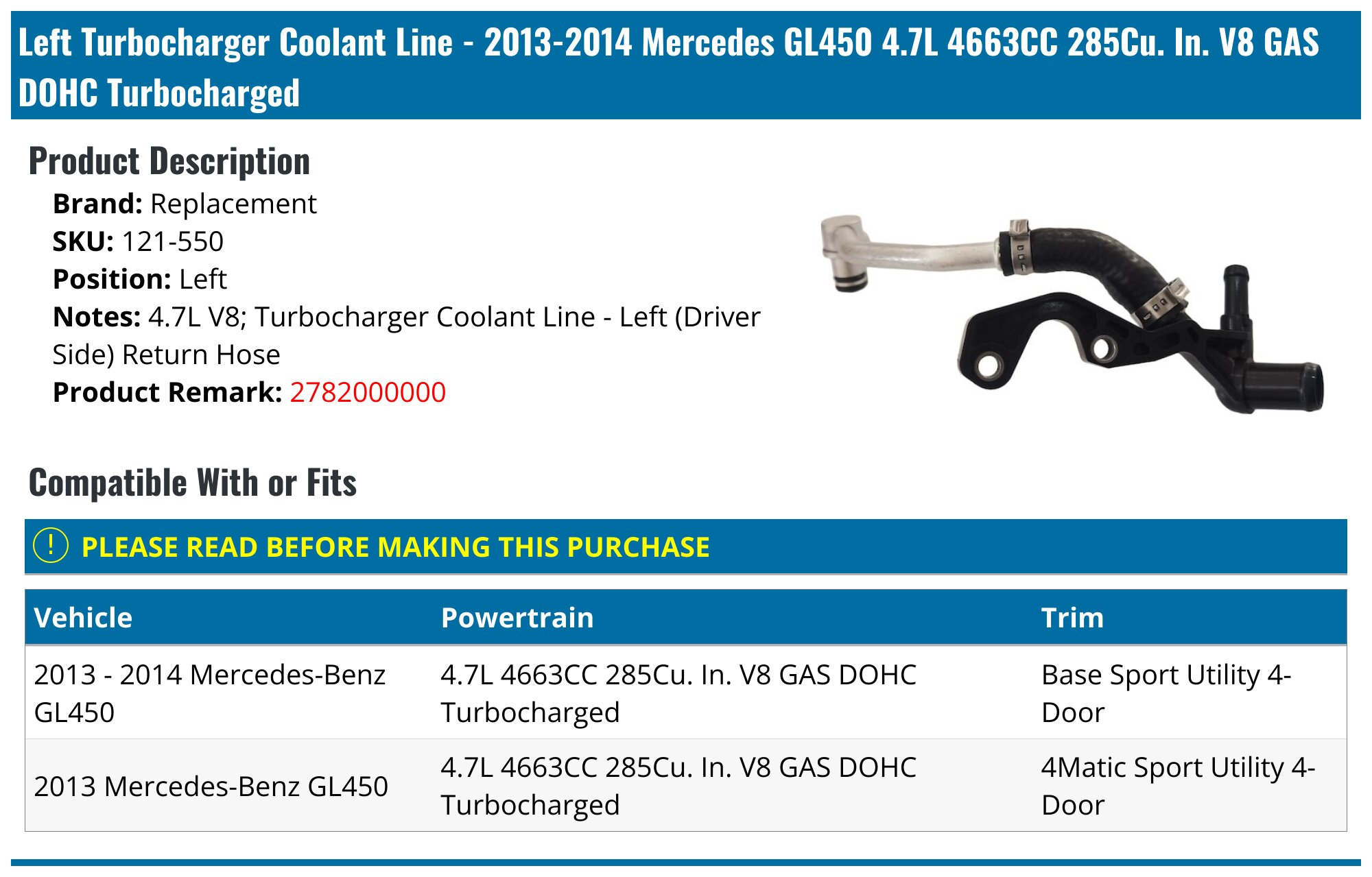 2013-2014 Mercedes GL450 Turbocharger Coolant Line - Replacement 121 ...