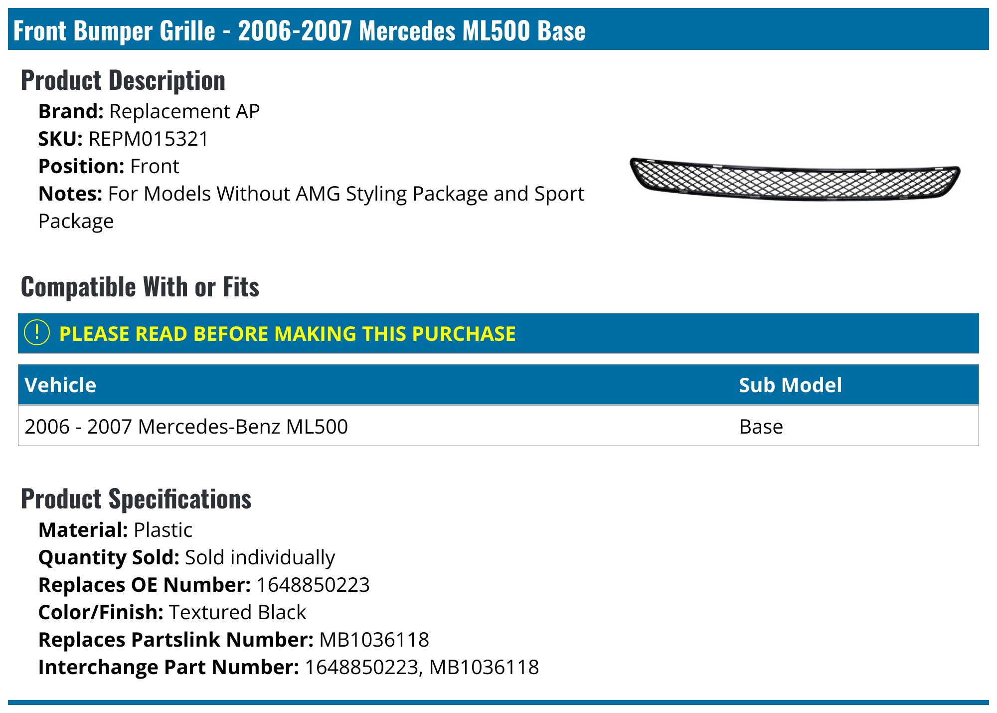 2006-2007 Mercedes ML500 Grille Assembly - Replacement AP REPM015321 ...