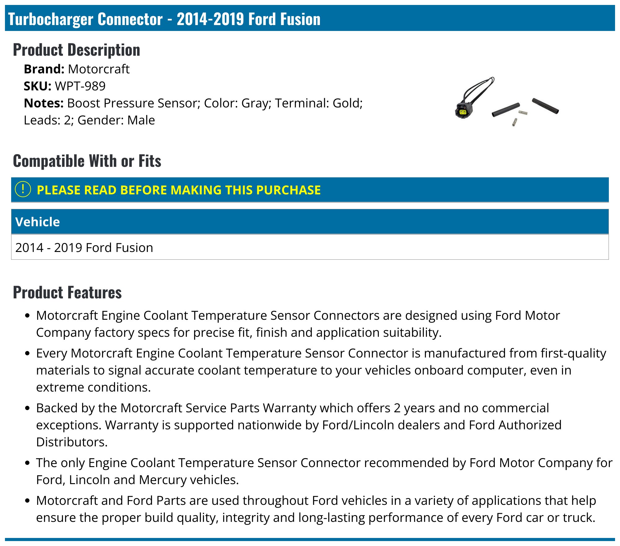 2014-2019 Ford Fusion Turbocharger Connector - Motorcraft WPT-989 ...