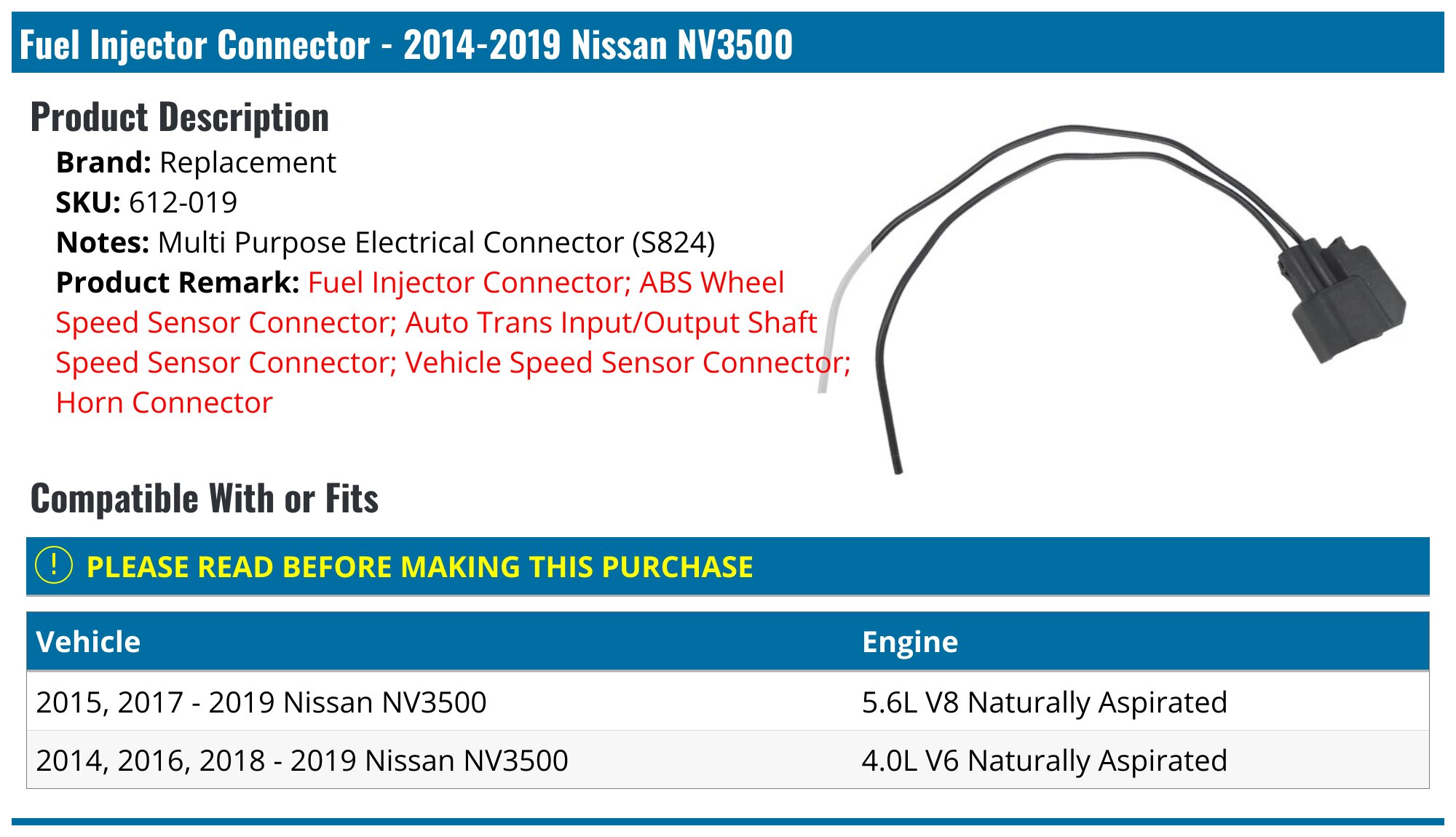 2014-2019 Nissan NV3500 Fuel Injector Connector - Replacement 612-019 ...