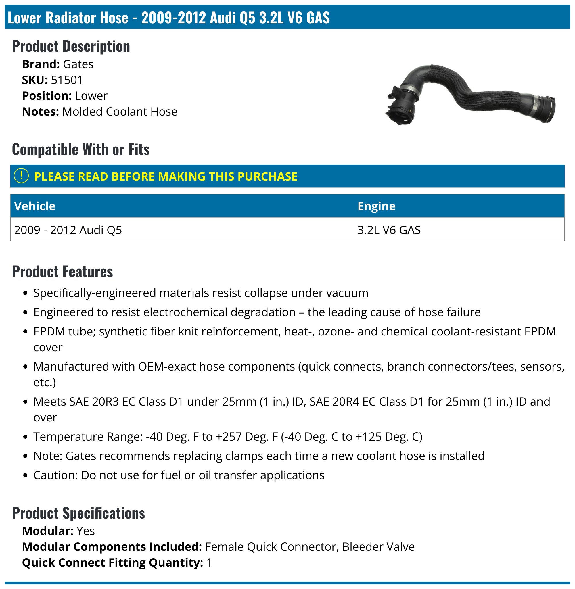 2009-2012 Audi Q5 Radiator Hose - Gates 51501 - Lower - PartsGeek.com