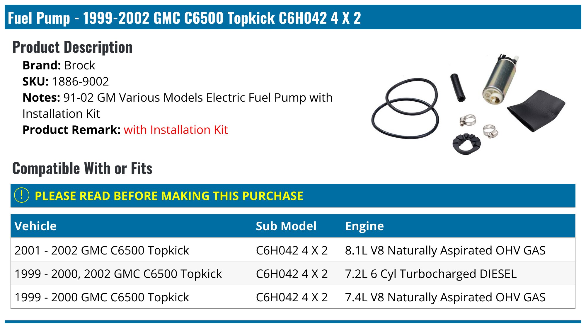 1999-2002 GMC C6500 Topkick Fuel Pump - Brock 1886-9002 - PartsGeek.com