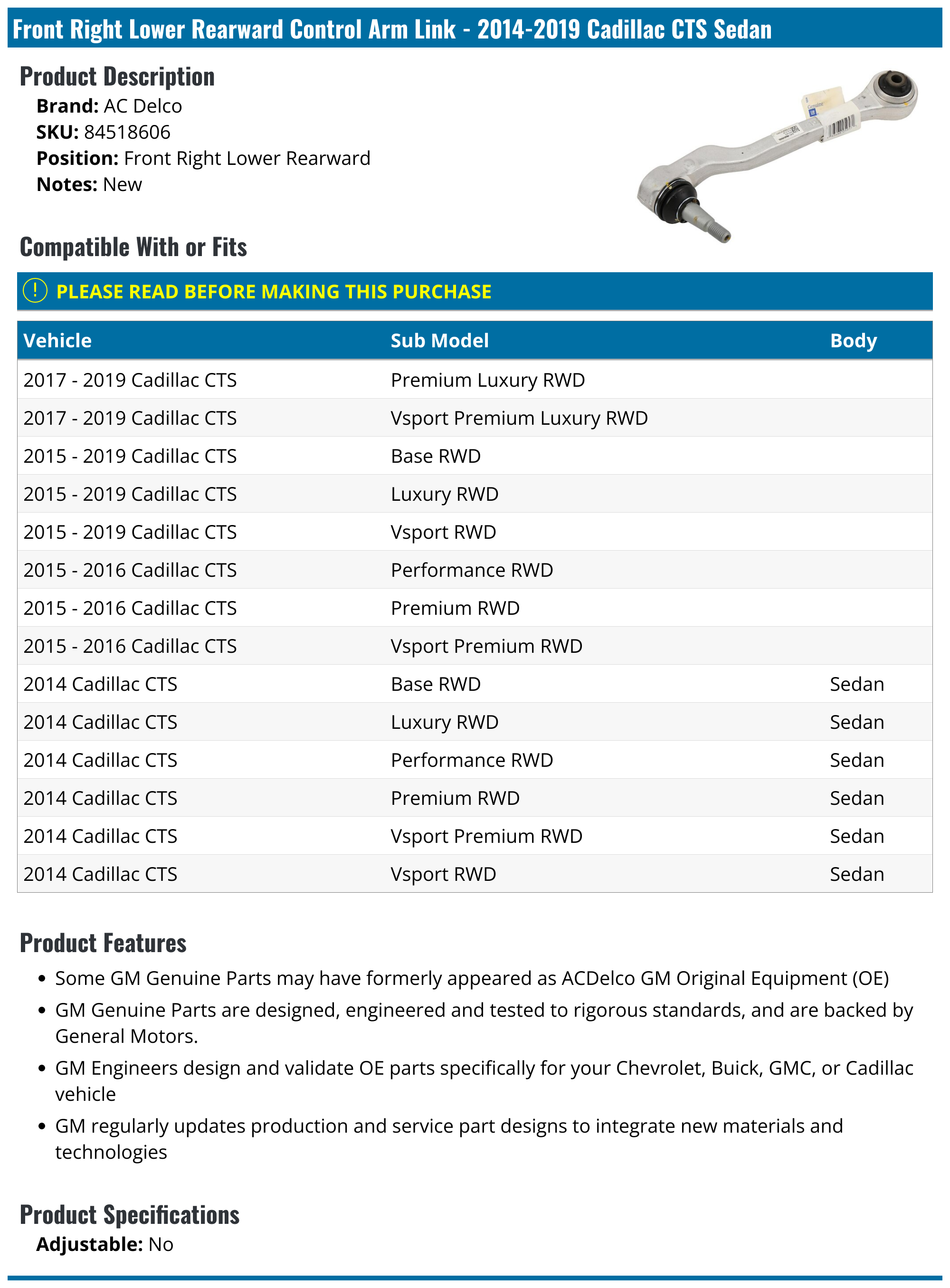 2014-2019 Cadillac CTS Control Arm Link - AC Delco 84518606 - Front ...