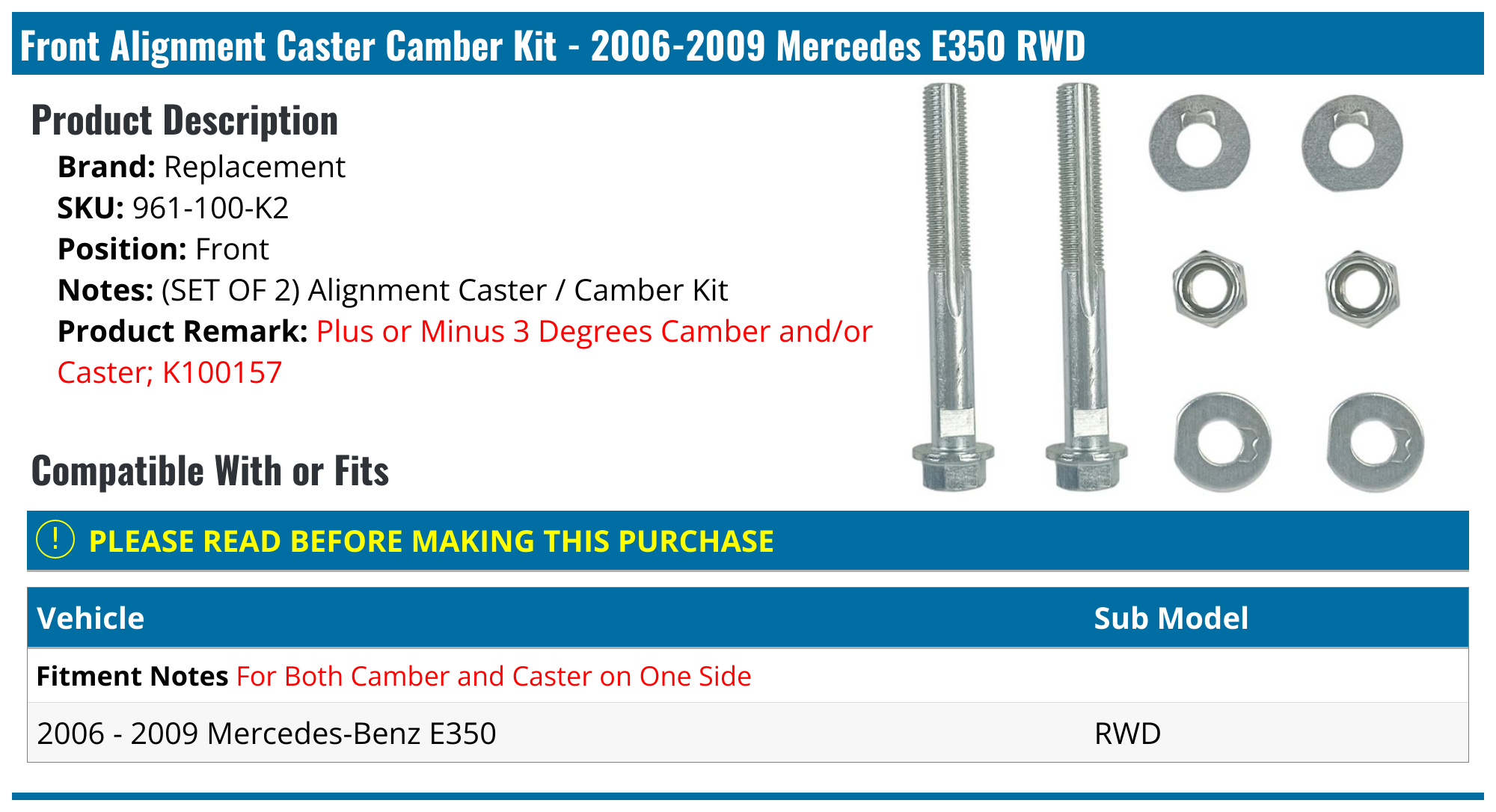 2006-2009 Mercedes E350 Alignment Caster Camber Kit - Replacement 961 ...