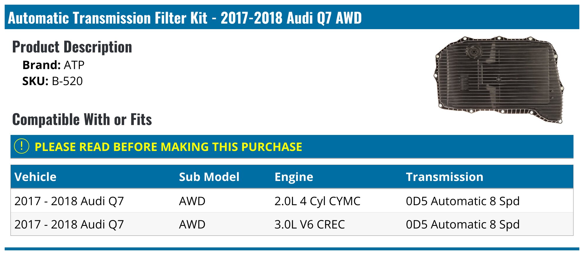 2017-2018 Audi Q7 Automatic Transmission Filter - ATP B-520 - PartsGeek.com