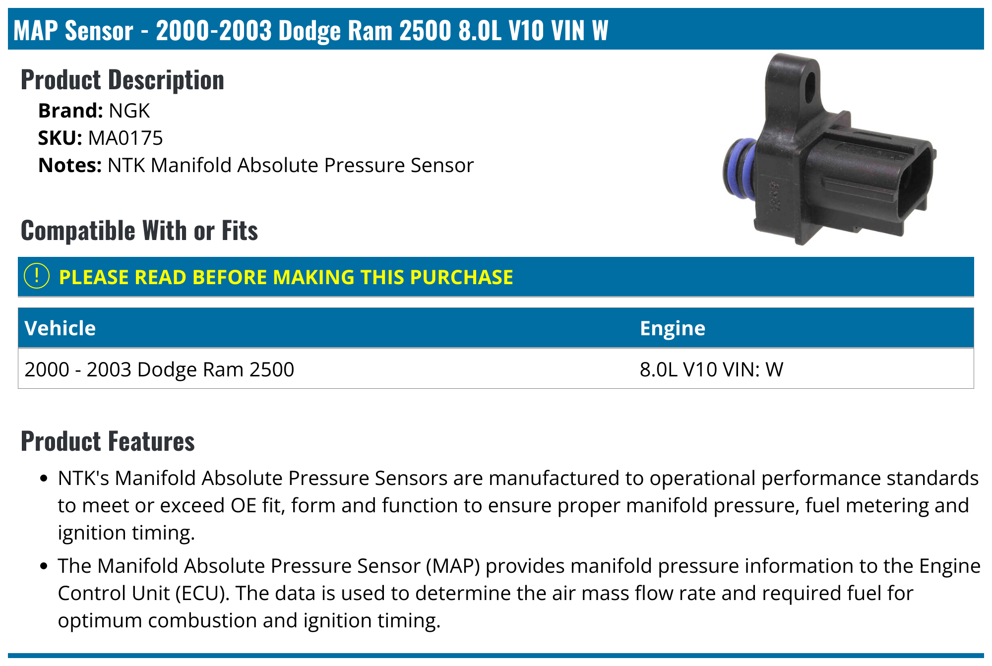 2000-2003 Dodge Ram 2500 MAP Sensor - NGK MA0175 - PartsGeek.com