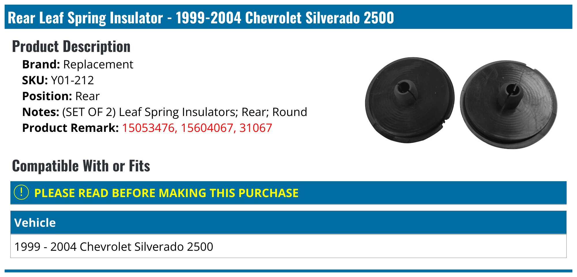 1999-2004 Chevrolet Silverado 2500 Leaf Spring Insulator - Replacement ...