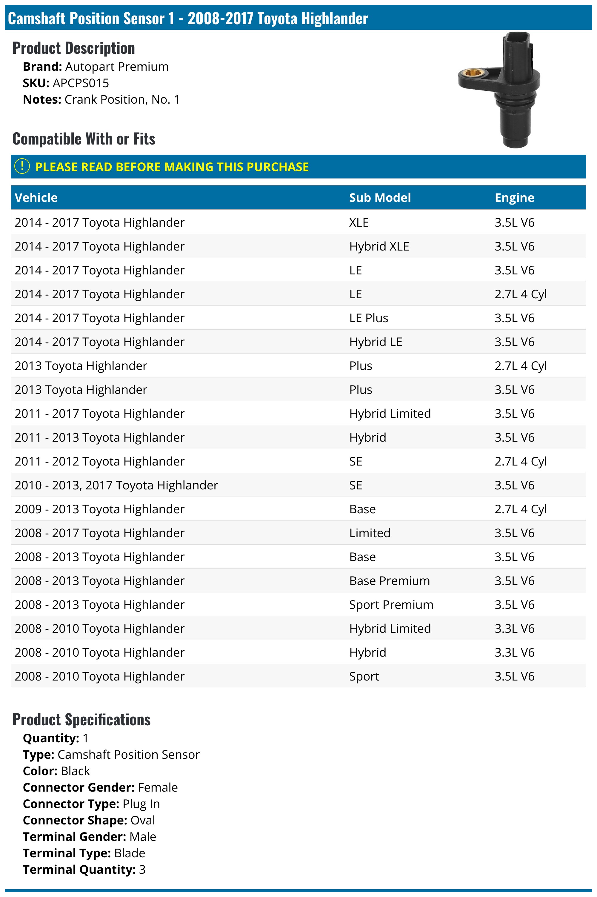 2008-2017 Toyota Highlander Camshaft Position Sensor - Autopart Premium ...