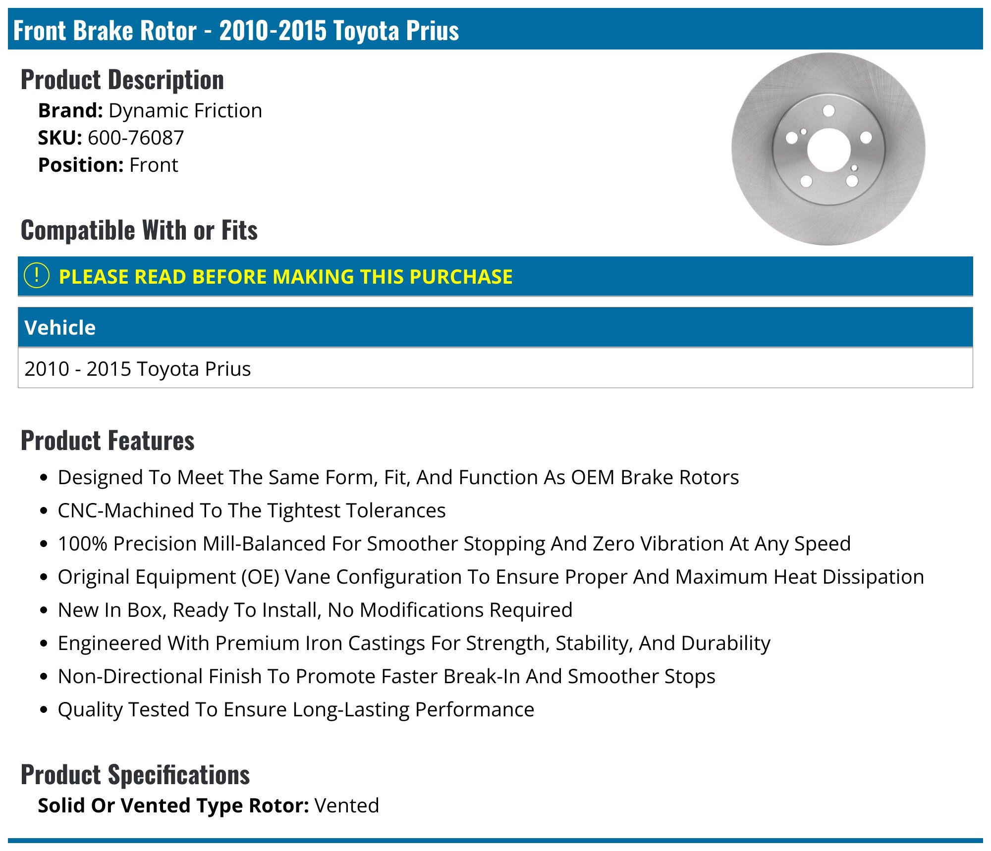 2010-2015 Toyota Prius Brake Rotor - Dynamic Friction 600-76087 - Front ...