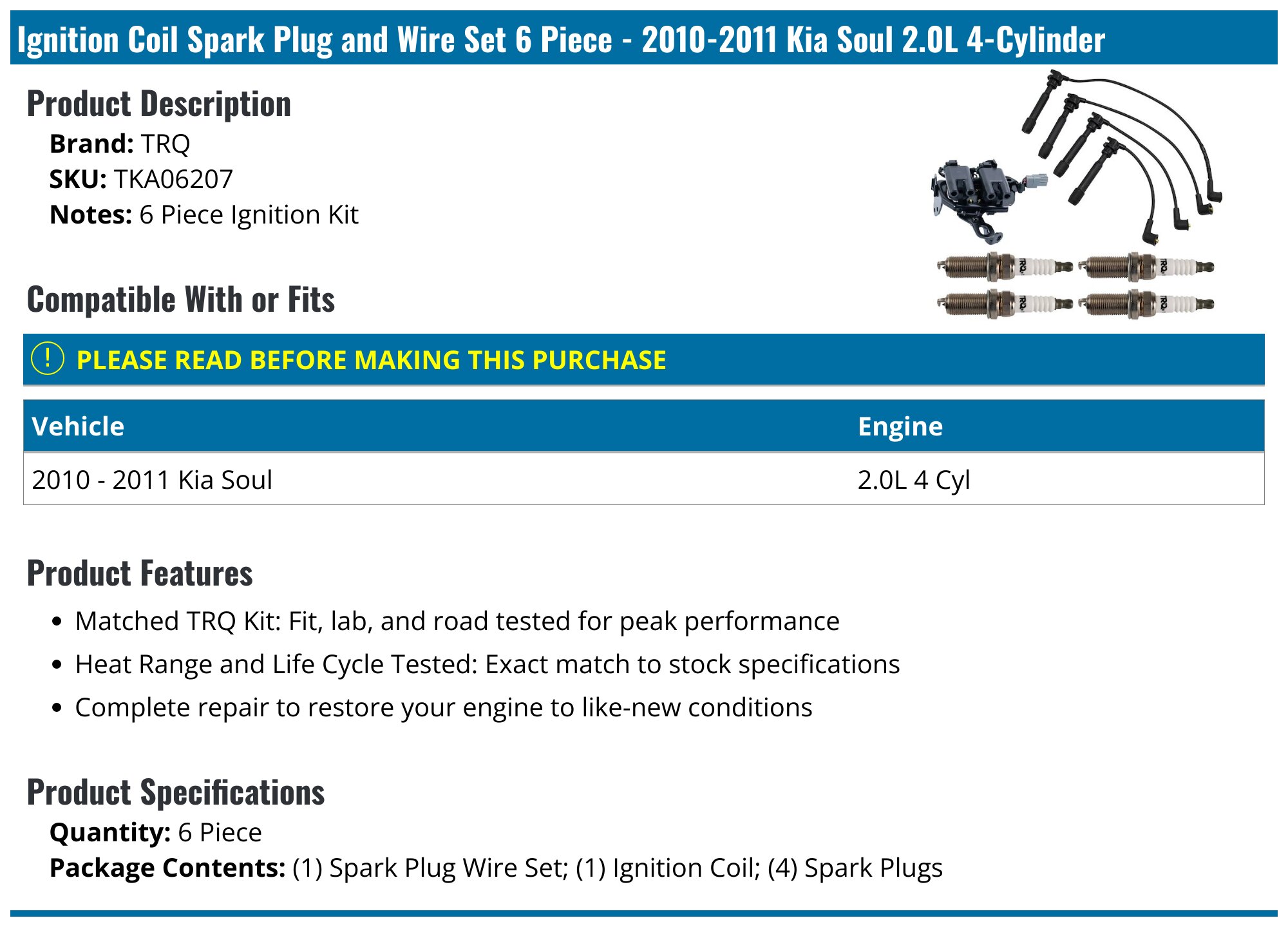 2010 2011 Kia Soul Ignition Coil Trq Tka06207