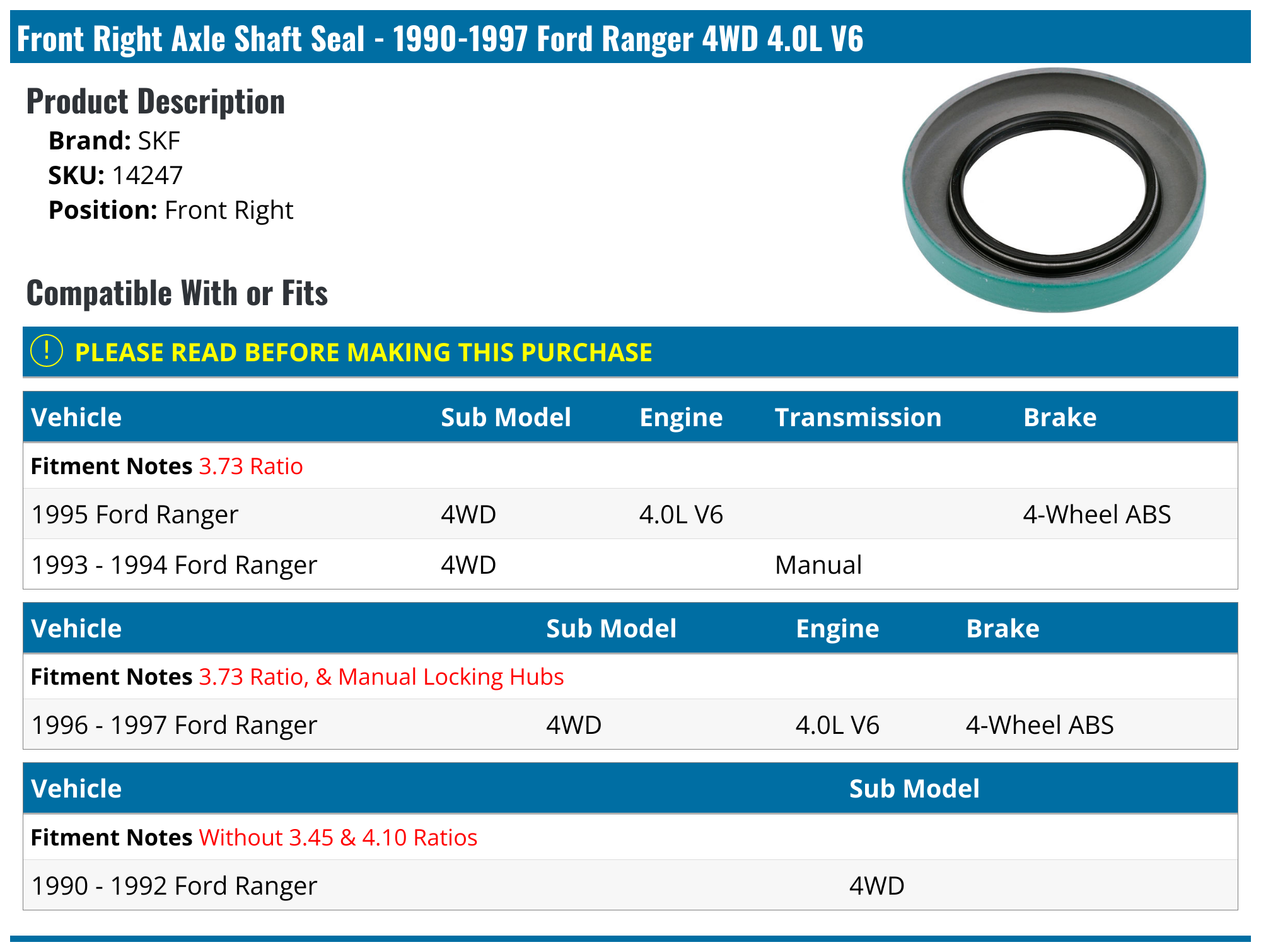 1990-1997 Ford Ranger Axle Shaft Seal - SKF 14247 - Front Right ...
