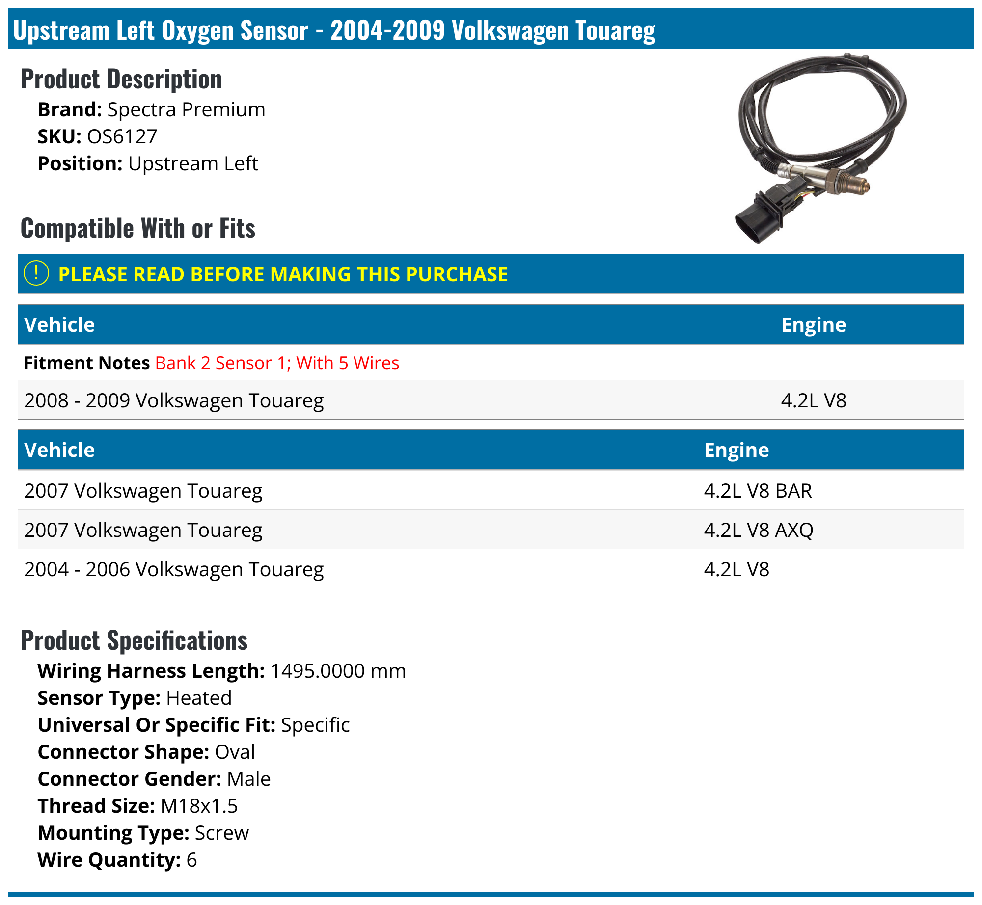 2004-2009 Volkswagen Touareg Oxygen Sensor - Spectra Premium OS6127 ...