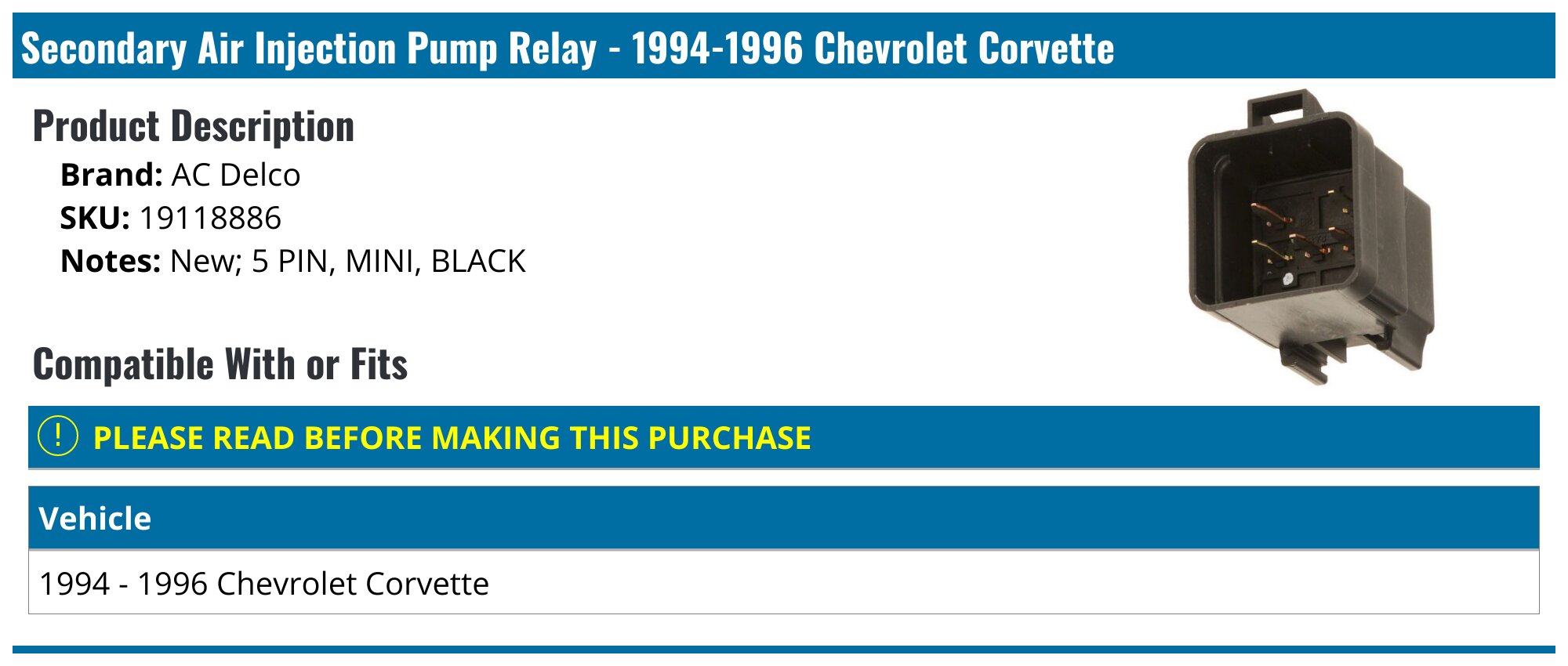 1994-1996 Chevrolet Corvette Secondary Air Injection Pump Relay - AC ...
