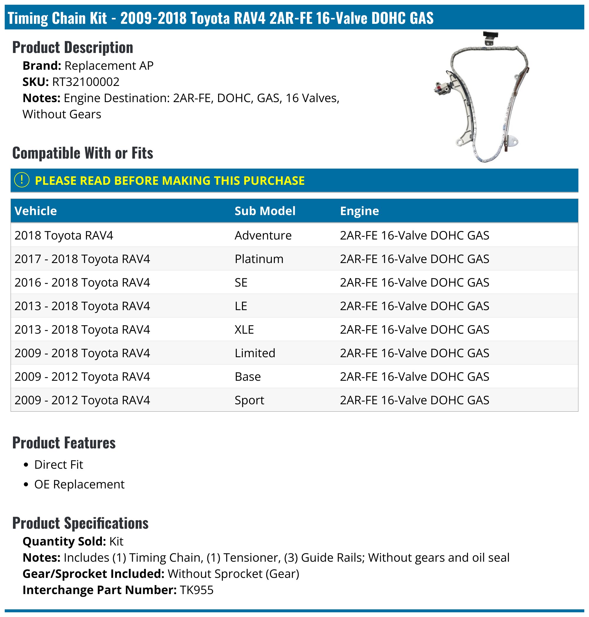 2009-2018 Toyota RAV4 Timing Chain - Replacement AP RT32100002 ...