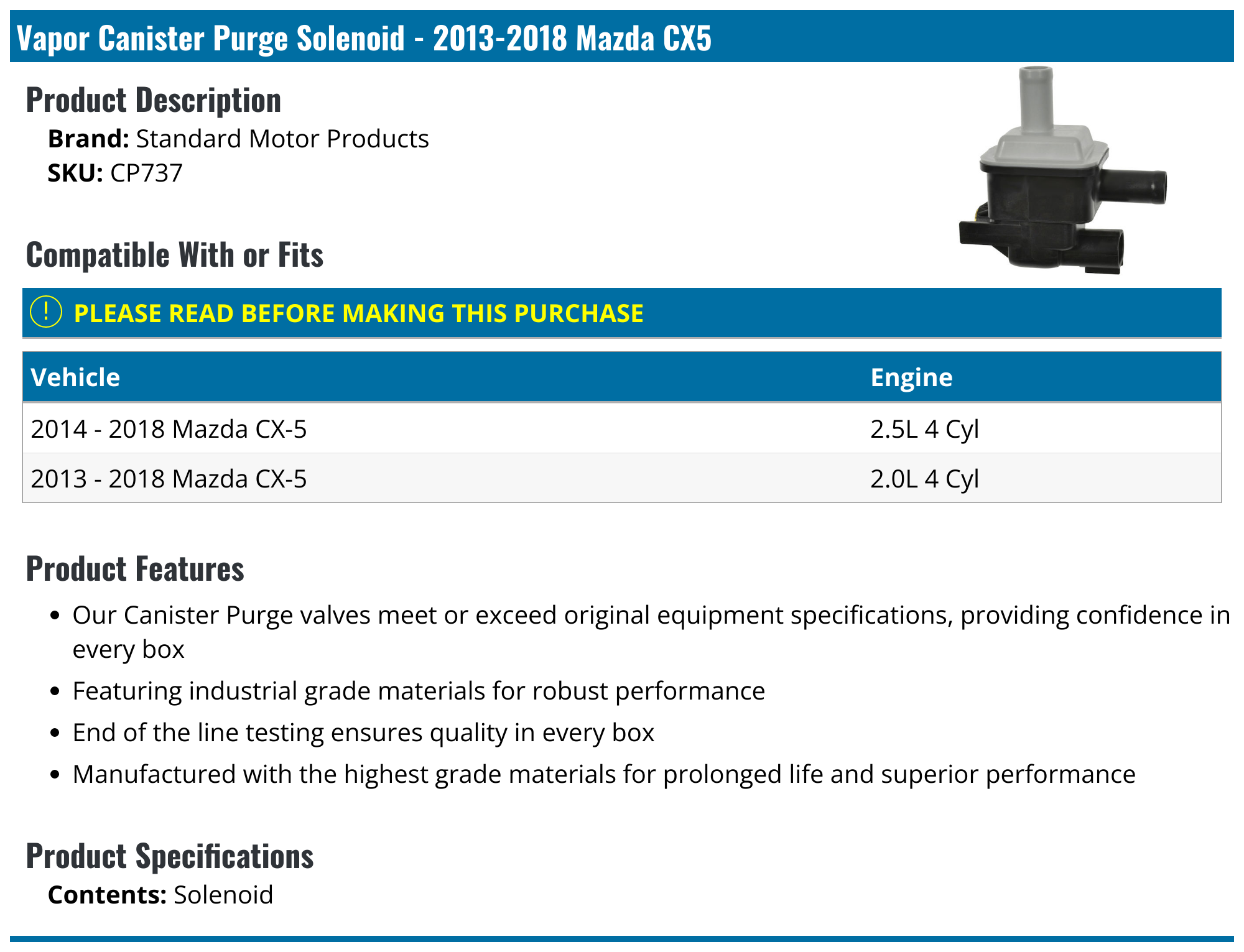 2013-2025 Mazda CX5 Vapor Canister Purge Solenoid - Standard Motor ...
