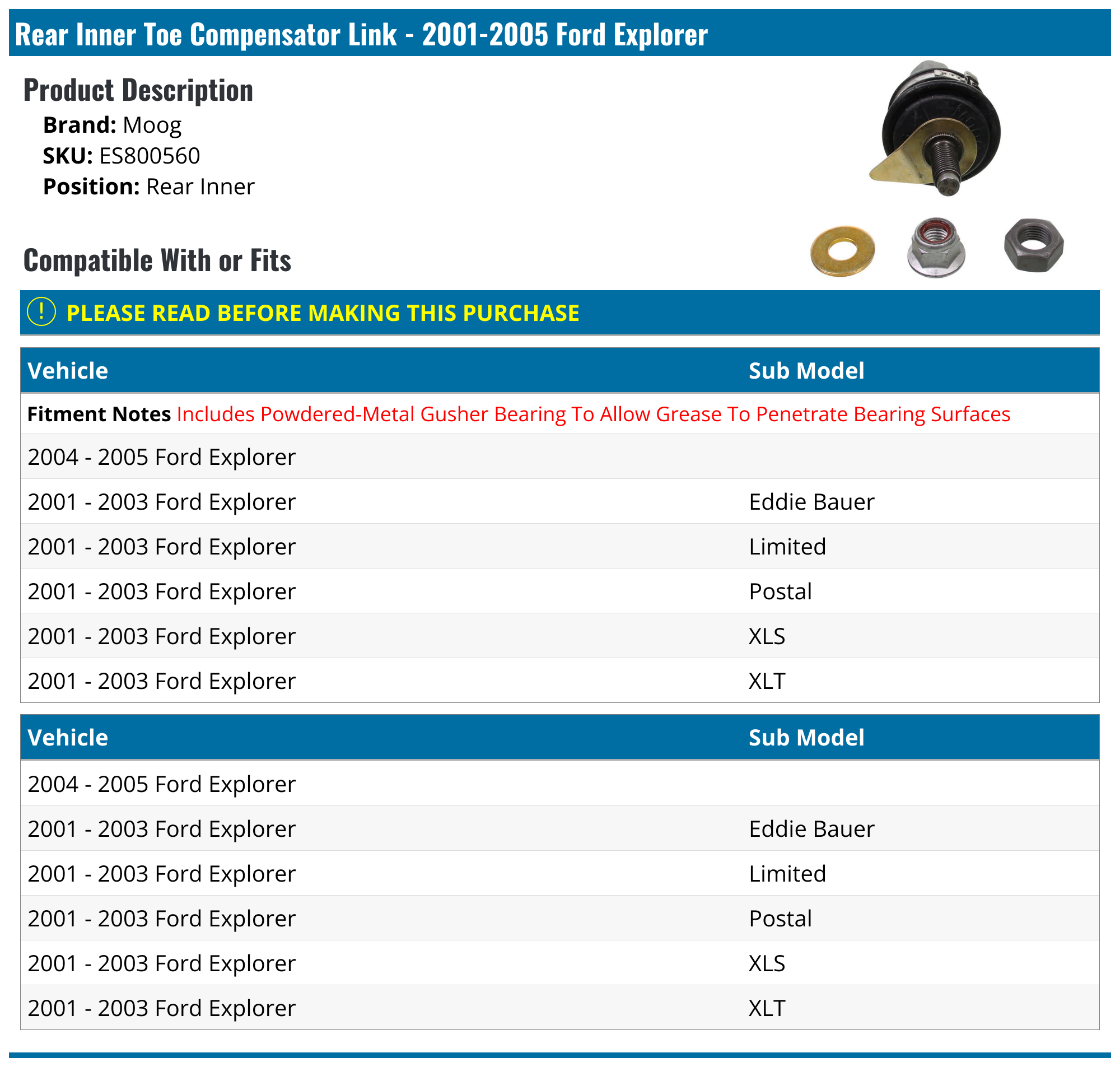 2001-2005 Ford Explorer Toe Compensator Link - Moog ES800560 - Rear ...