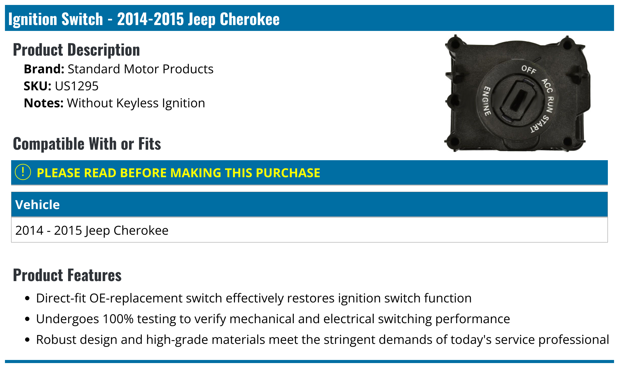 2014-2015 Jeep Cherokee Ignition Switch - Standard Motor Products ...