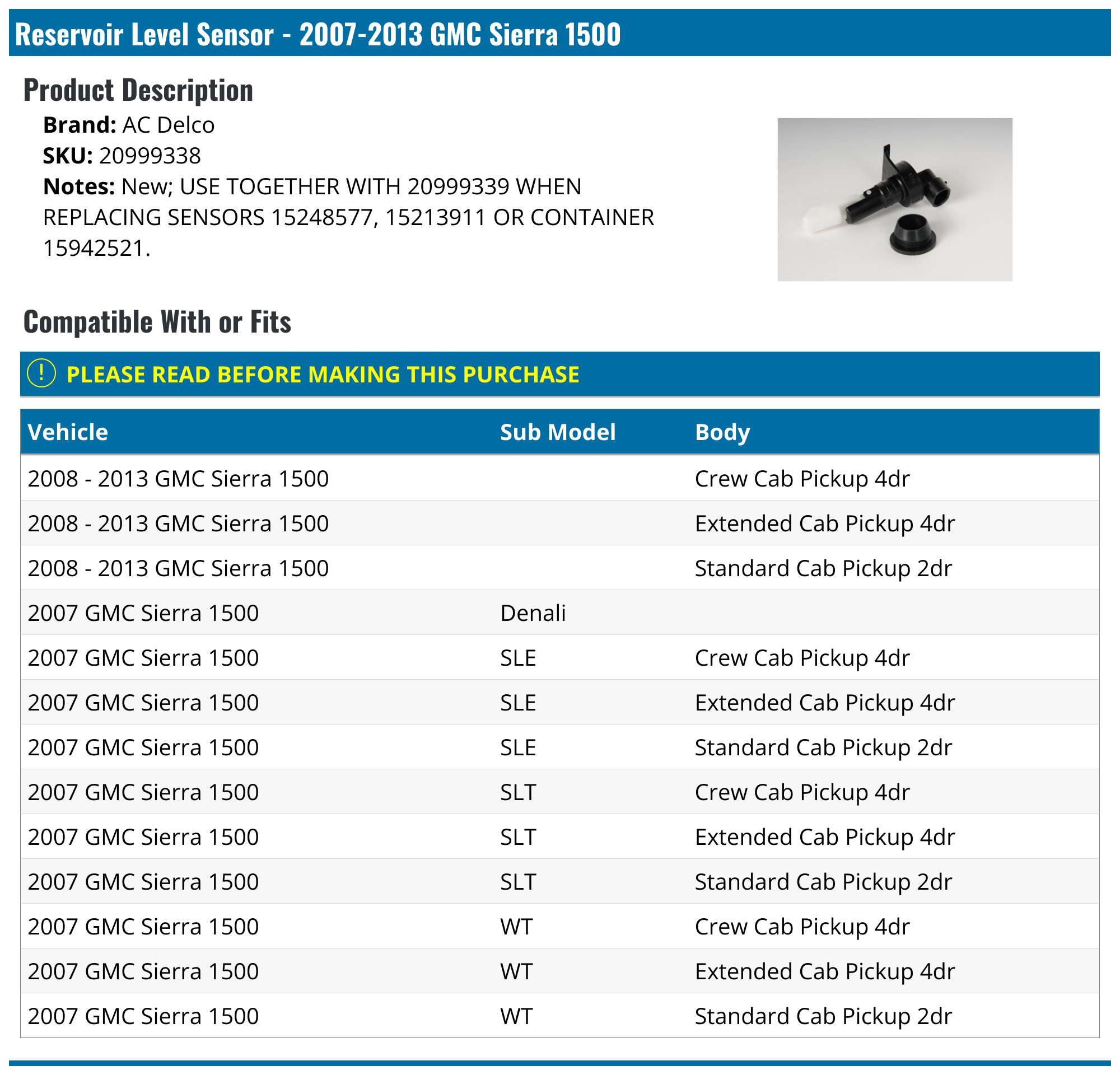 2007-2013 GMC Sierra 1500 Reservoir Level Sensor - AC Delco 20999338 ...