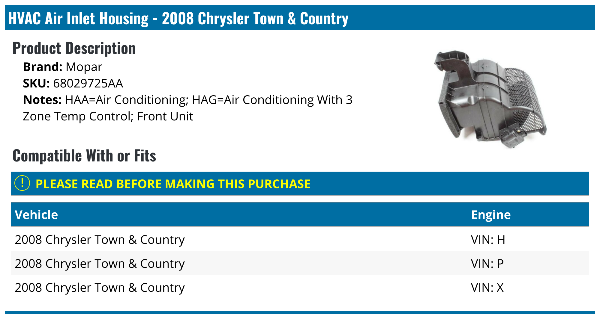 2008 Chrysler Town & Country HVAC Air Inlet Housing - Mopar 68029725AA ...