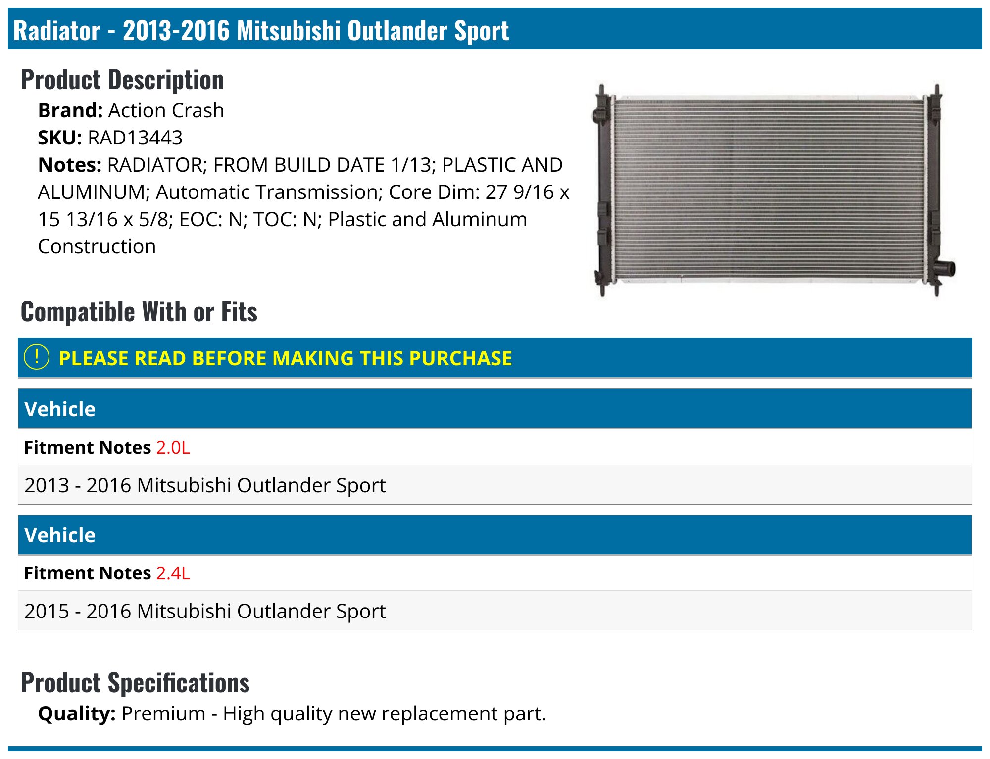 2013-2016 Mitsubishi Outlander Sport Radiator - Action Crash RAD13443 ...