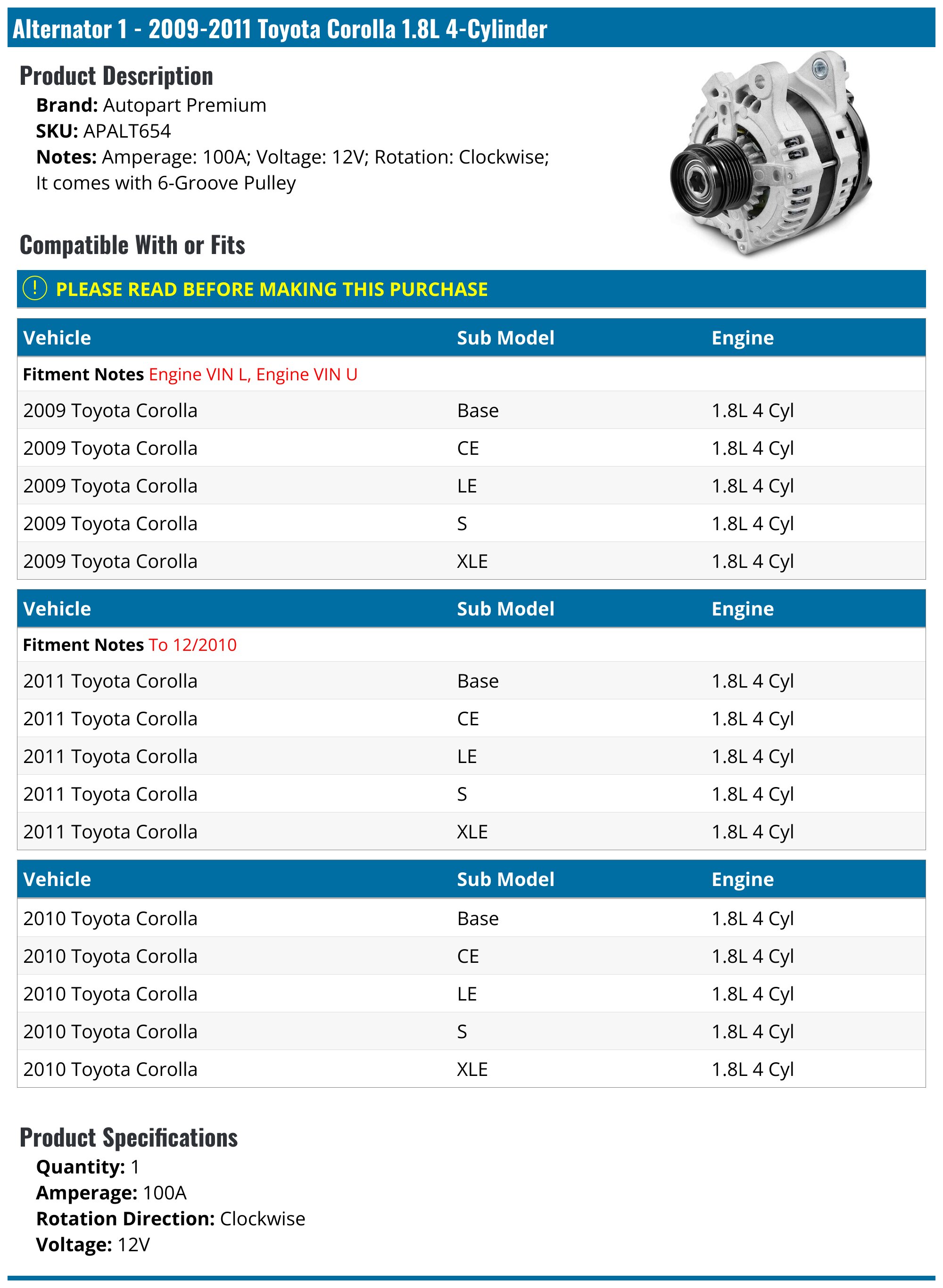 2009-2011 Toyota Corolla Alternator - Autopart Premium APALT654 ...