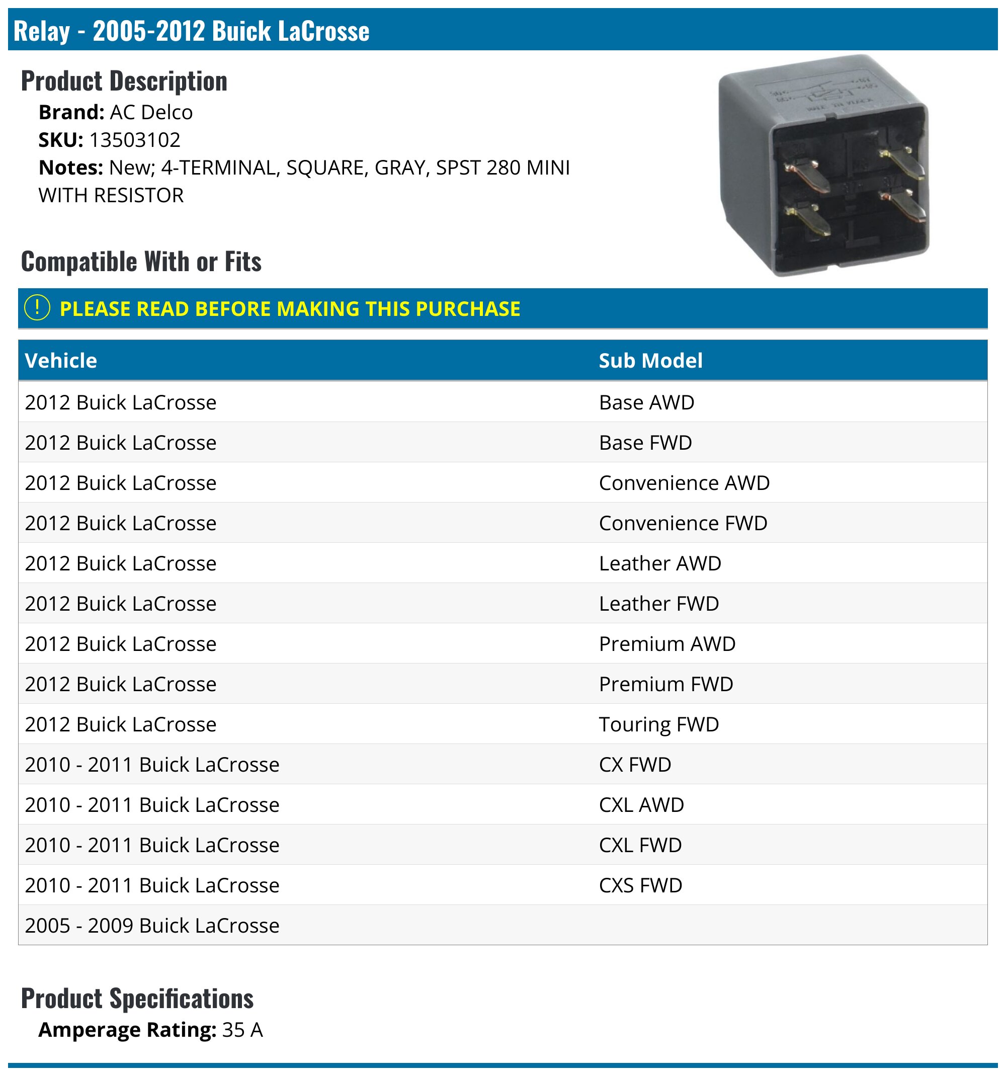 2005-2012 Buick LaCrosse Relay - AC Delco 13503102 - PartsGeek.com