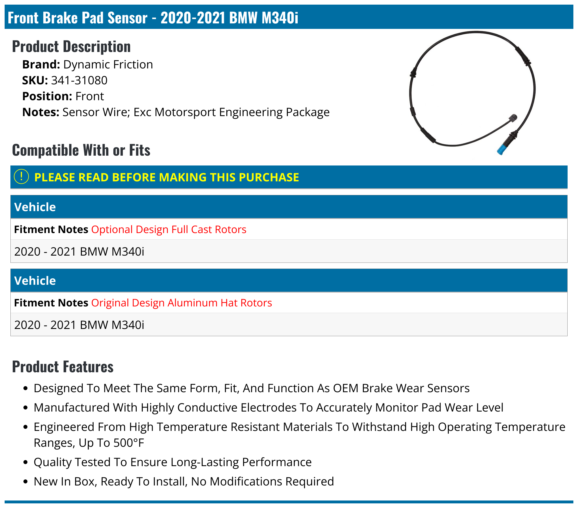 2020-2021 BMW M340i Brake Pad Sensor - Dynamic Friction 341-31080 ...