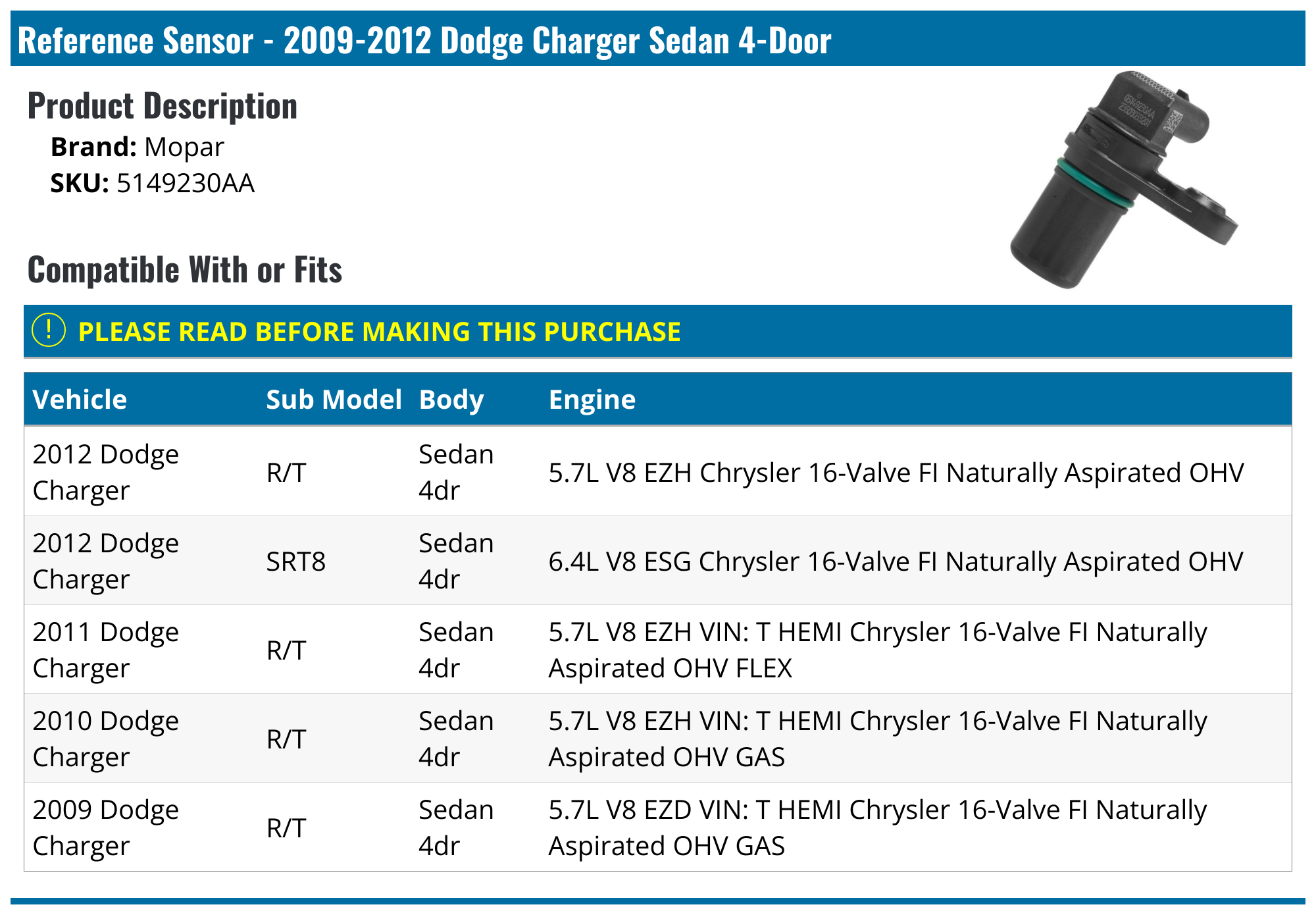 2009-2012 Dodge Charger Crank Position Sensor - Mopar 5149230AA ...