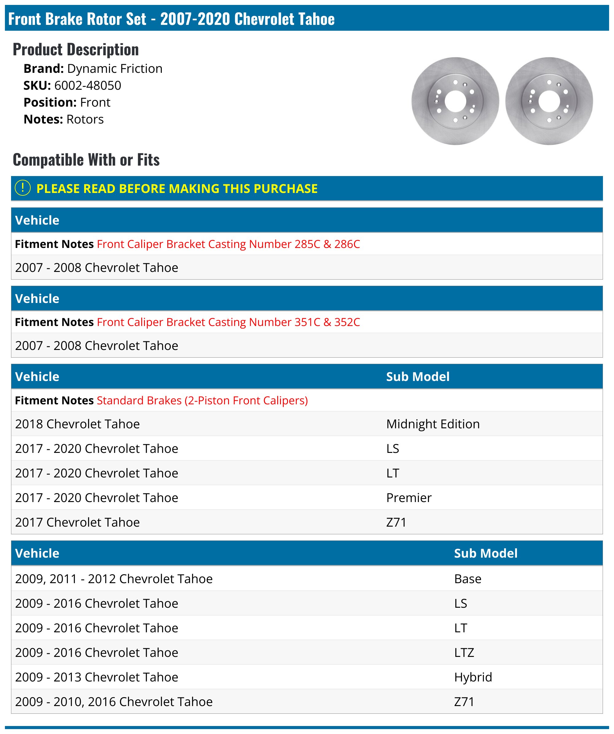 2007-2020 Chevrolet Tahoe Brake Rotor - Dynamic Friction 6002-48050 ...