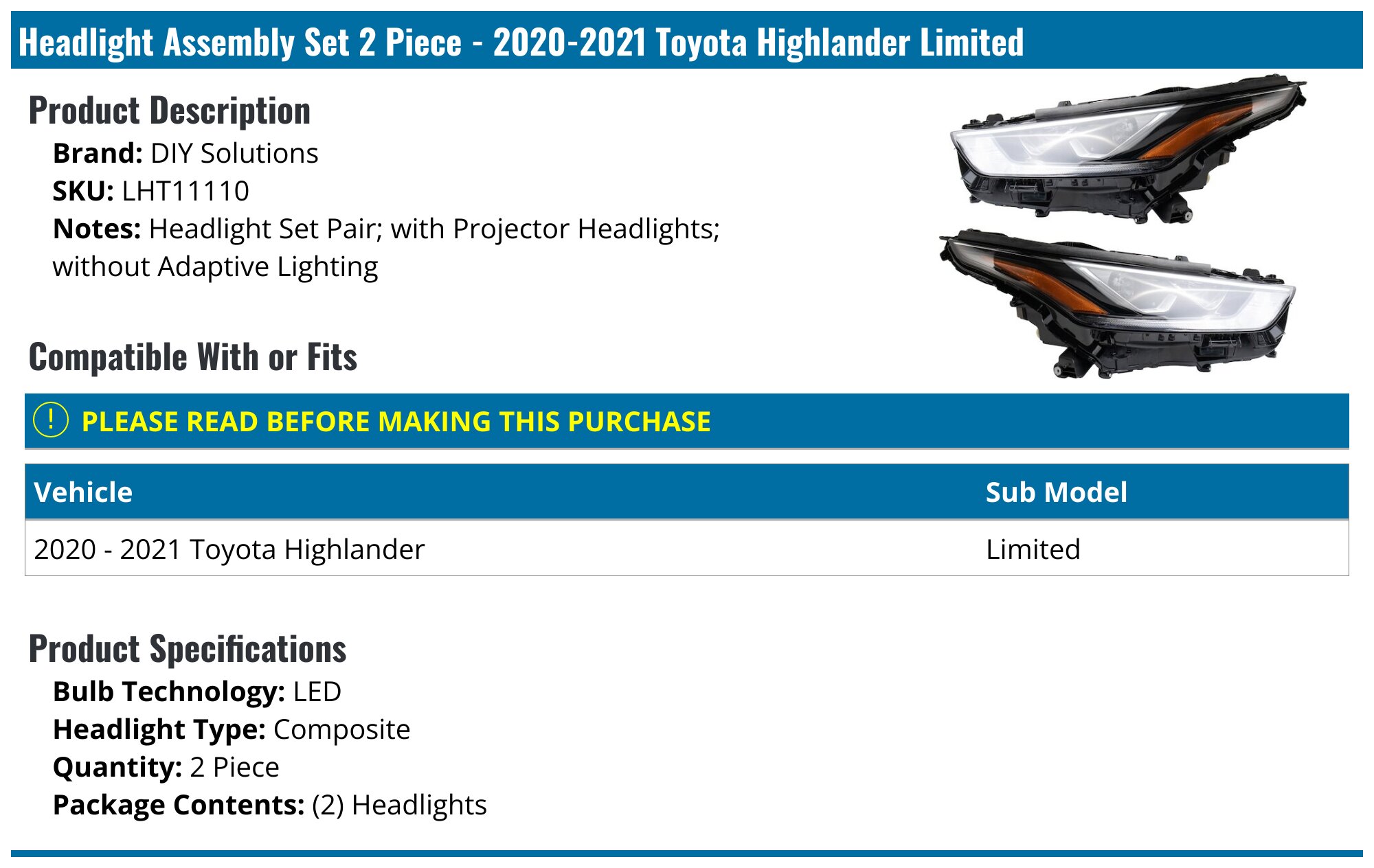 2020-2023 Toyota Highlander Headlight Assembly - DIY Solutions LHT11110 ...
