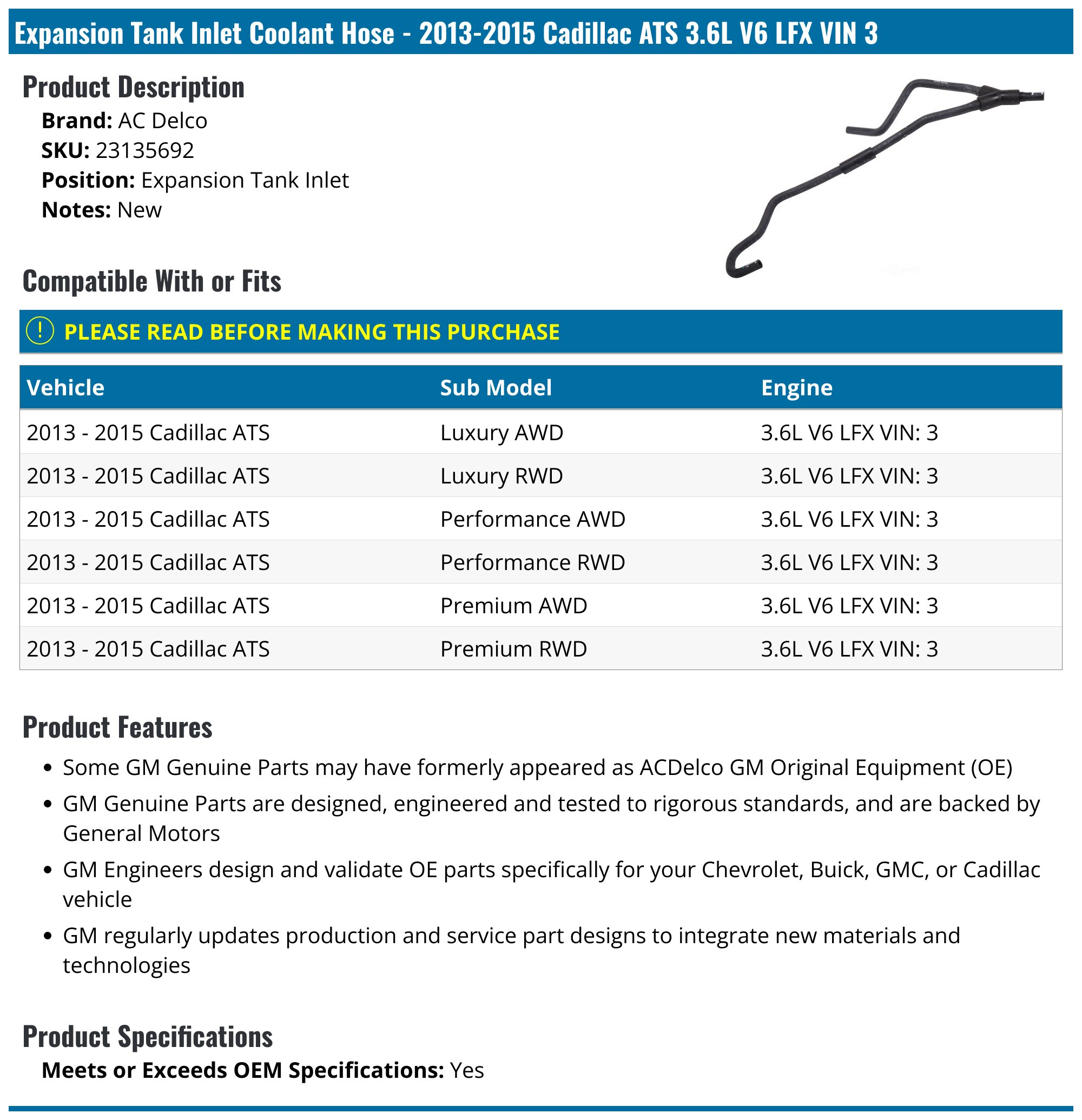 2013-2015 Cadillac ATS Coolant Hose - AC Delco 23135692 - Expansion ...