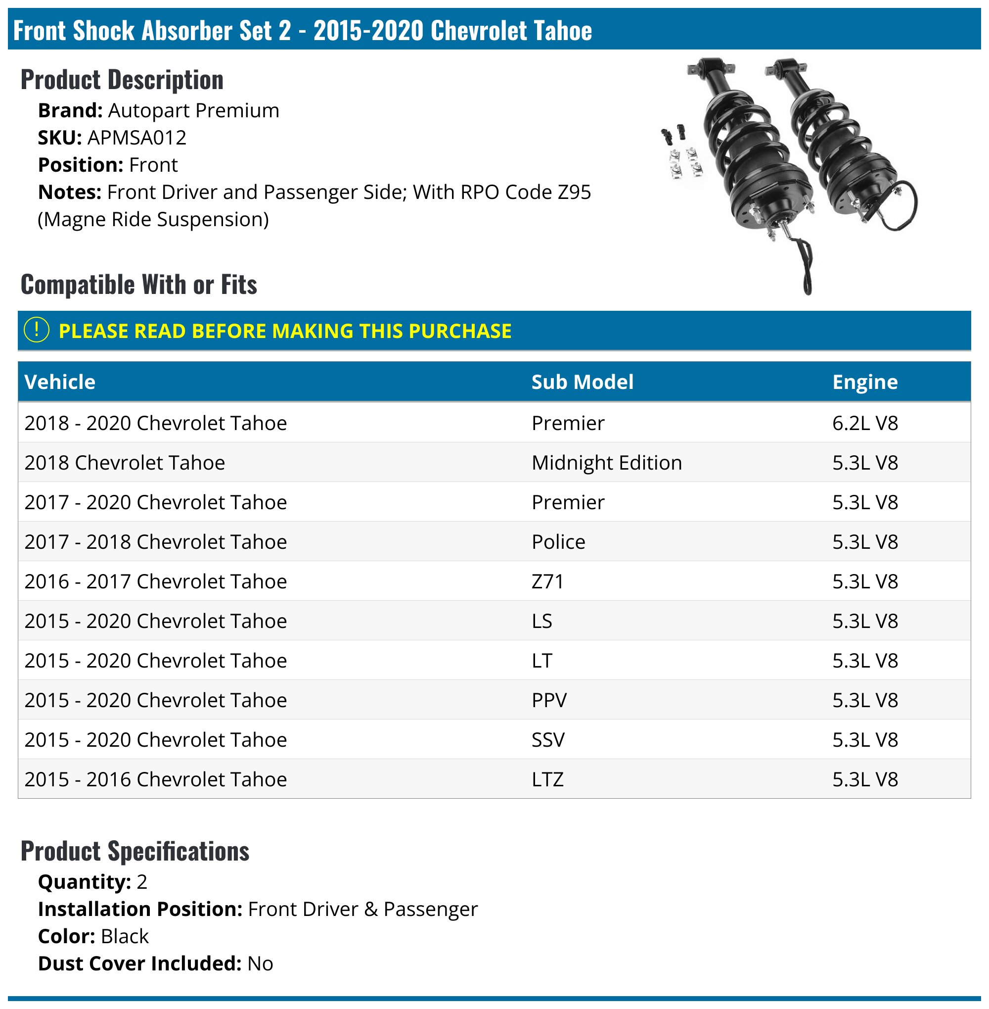 2015-2020 Chevrolet Tahoe Shock Absorber - Autopart Premium APMSA012 ...