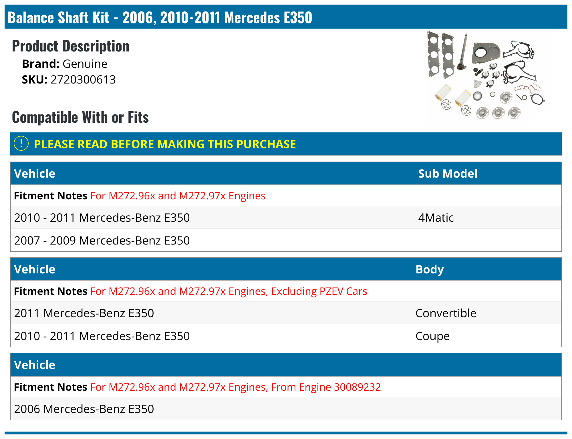 2006-2011 Mercedes E350 Balance Shaft - Genuine 2720300613 - PartsGeek.com