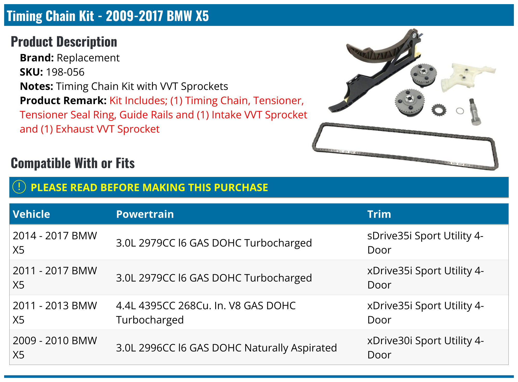 2009-2017 BMW X5 Timing Chain - Replacement 198-056 - PartsGeek.com