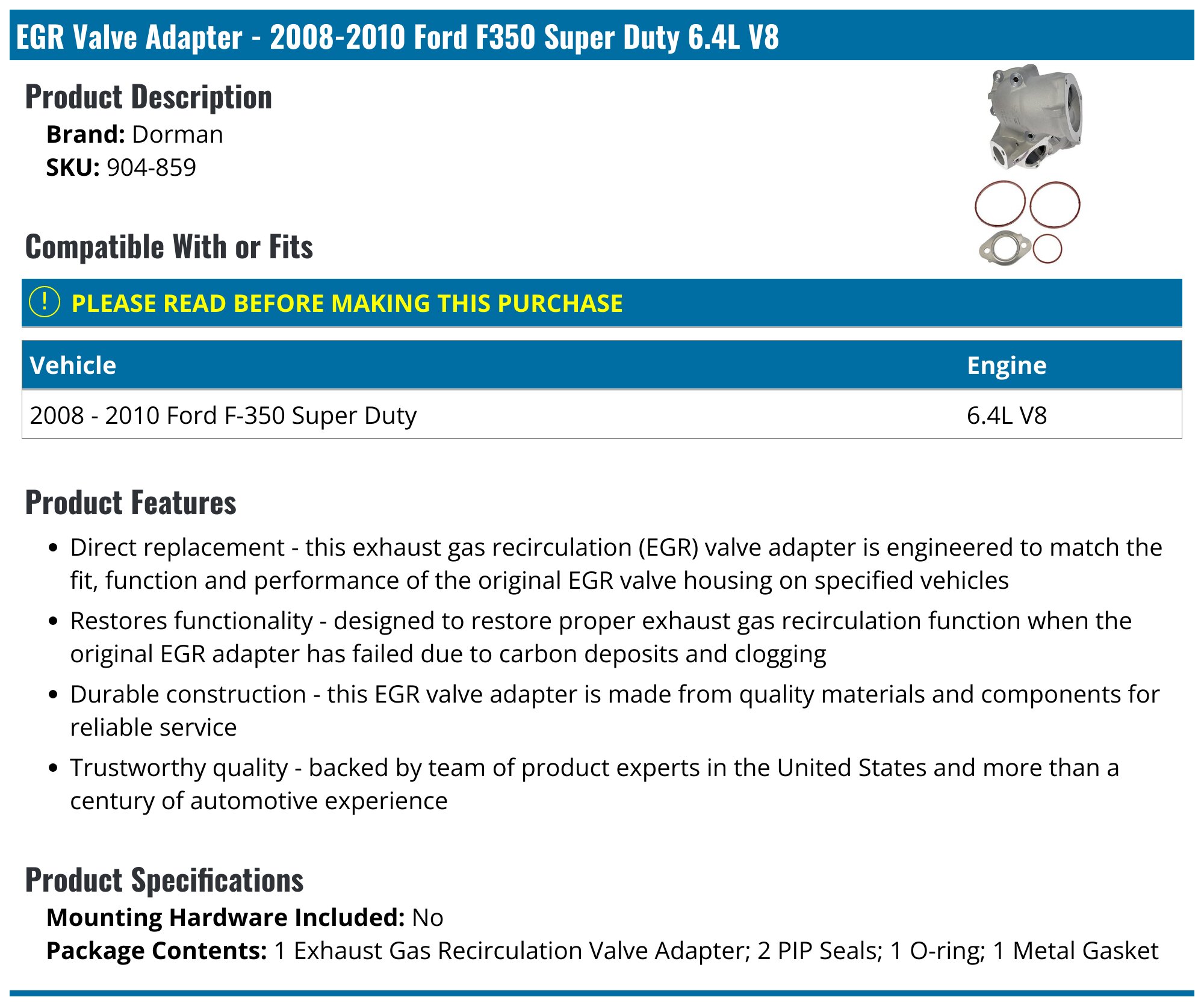 2008-2010 Ford F350 Super Duty EGR Valve Adapter - Dorman 904-859 ...