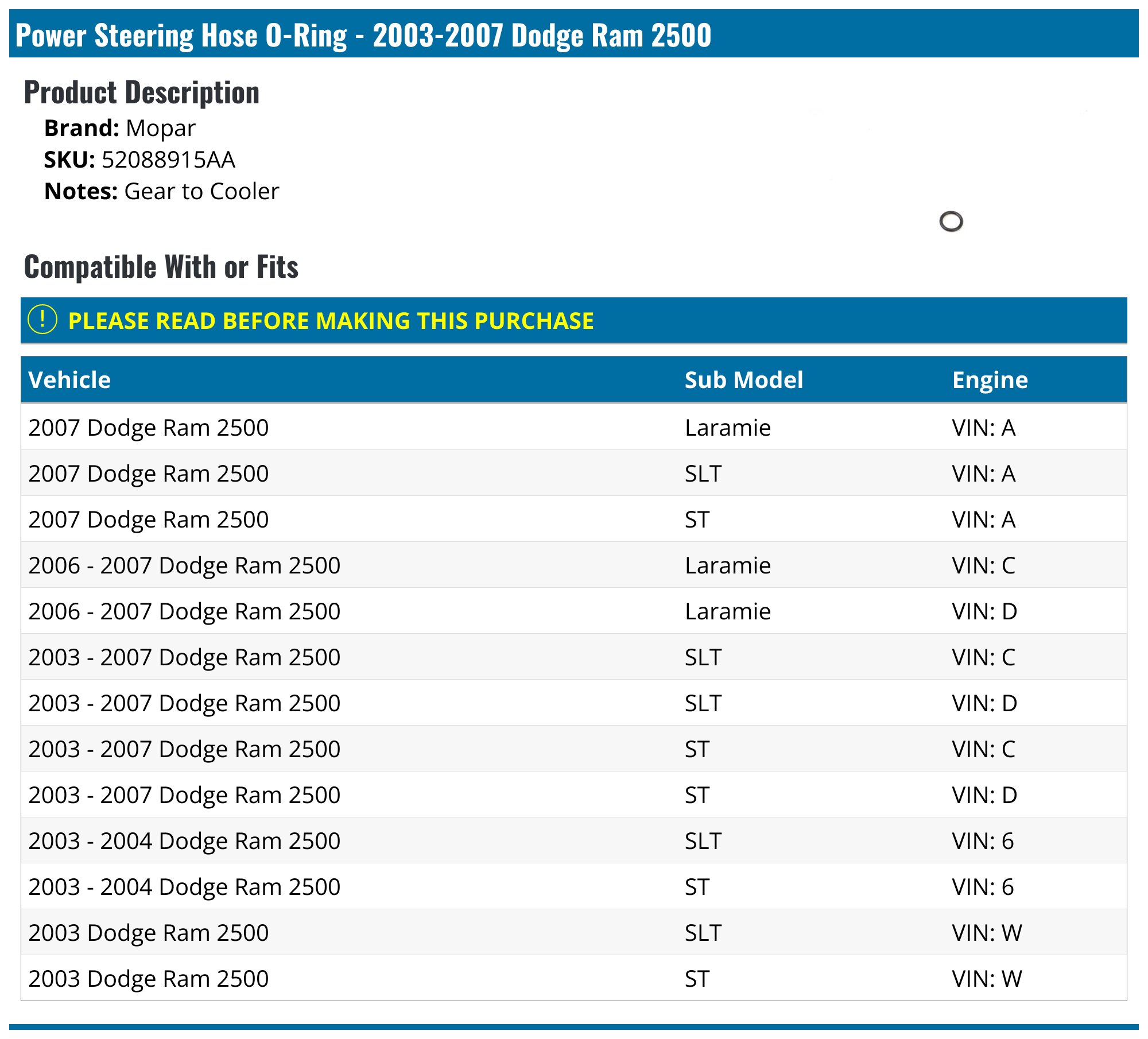 2003-2007 Dodge Ram 2500 Power Steering Hose O-Ring - Mopar 52088915AA ...