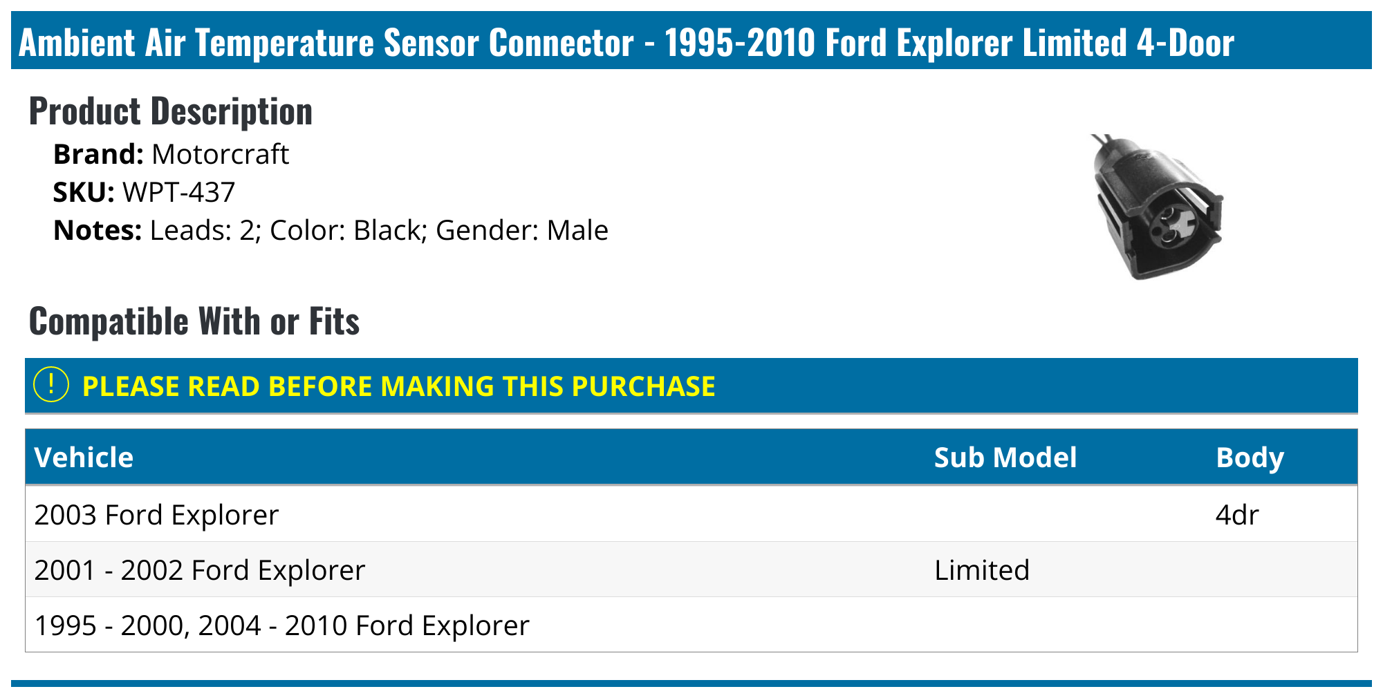 1995-2010 Ford Explorer Ambient Air Temperature Sensor Connector ...