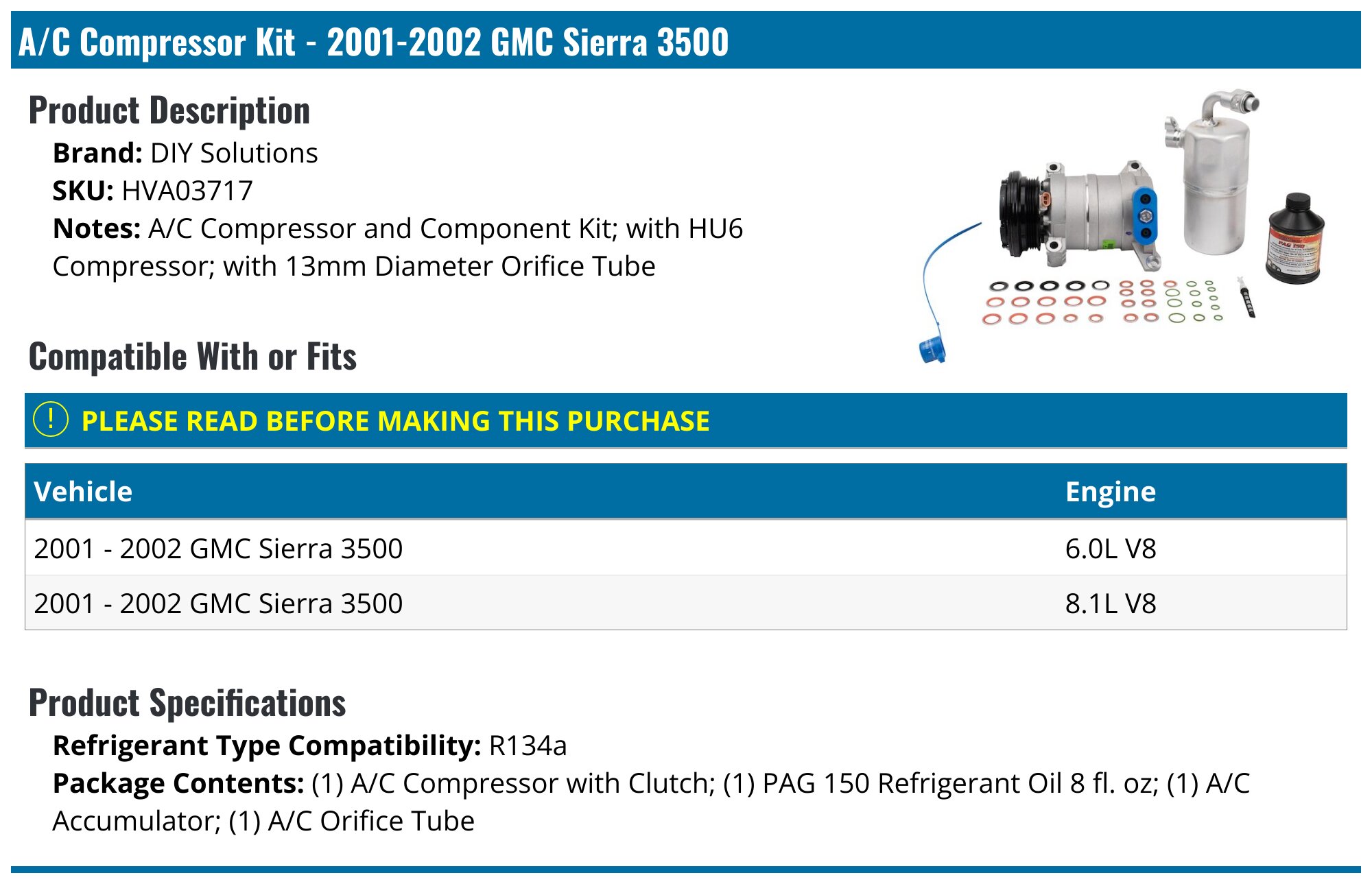 2001-2002 GMC Sierra 3500 A/C Compressor - DIY Solutions HVA03717 ...