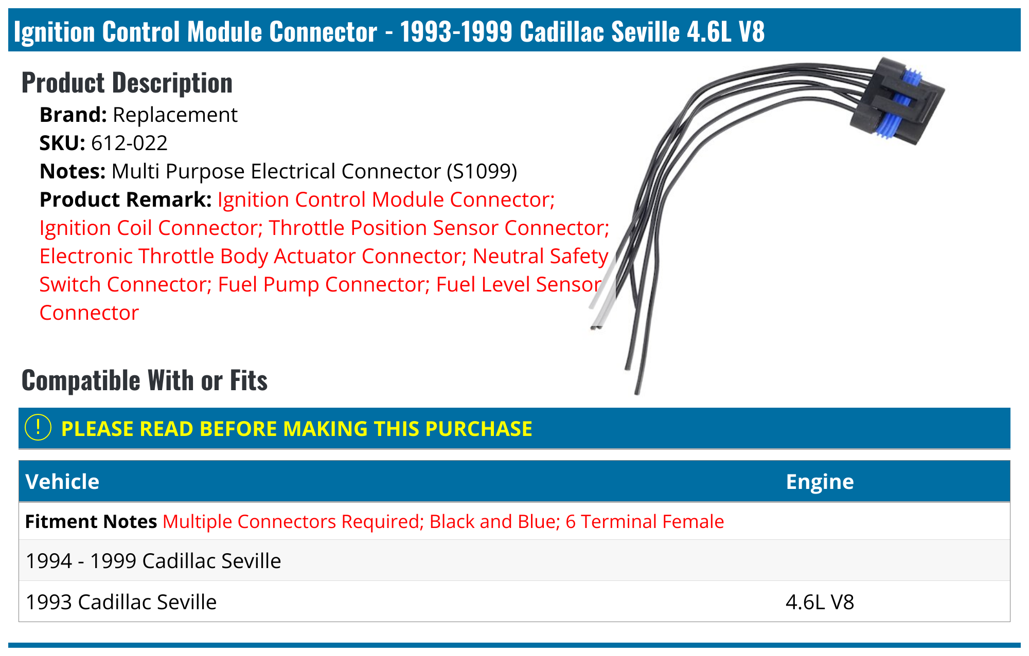 1993-1999 Cadillac Seville Ignition Control Module Connector ...