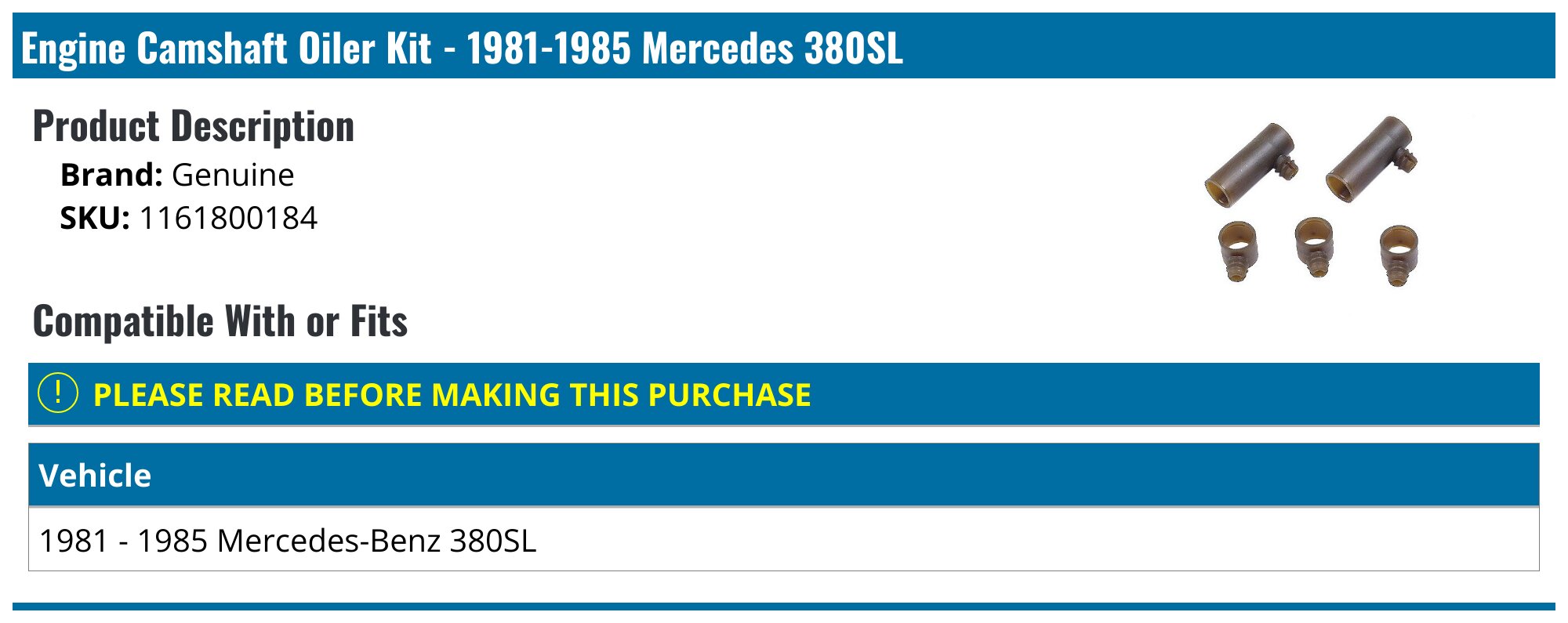 1981-1985 Mercedes 380SL Engine Camshaft Oiler Kit - Genuine 1161800184 ...