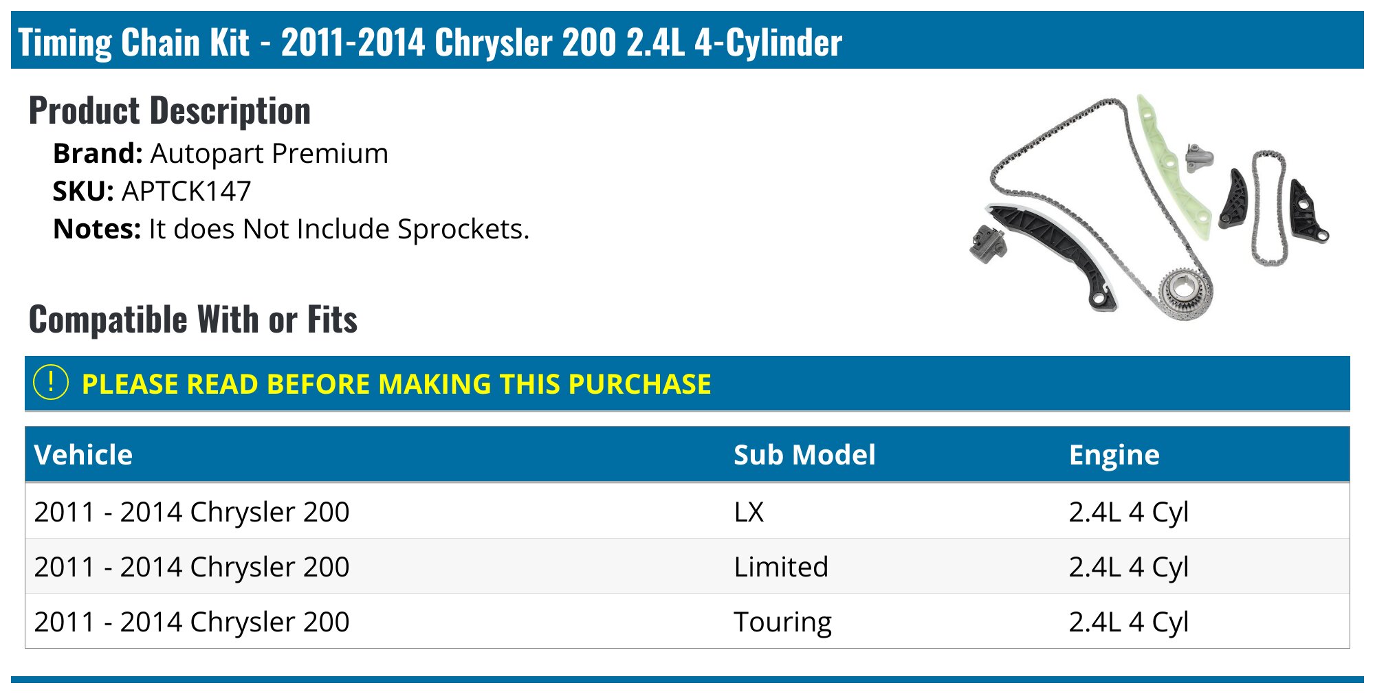 2011-2014 Chrysler 200 Timing Chain - Autopart Premium APTCK147 ...