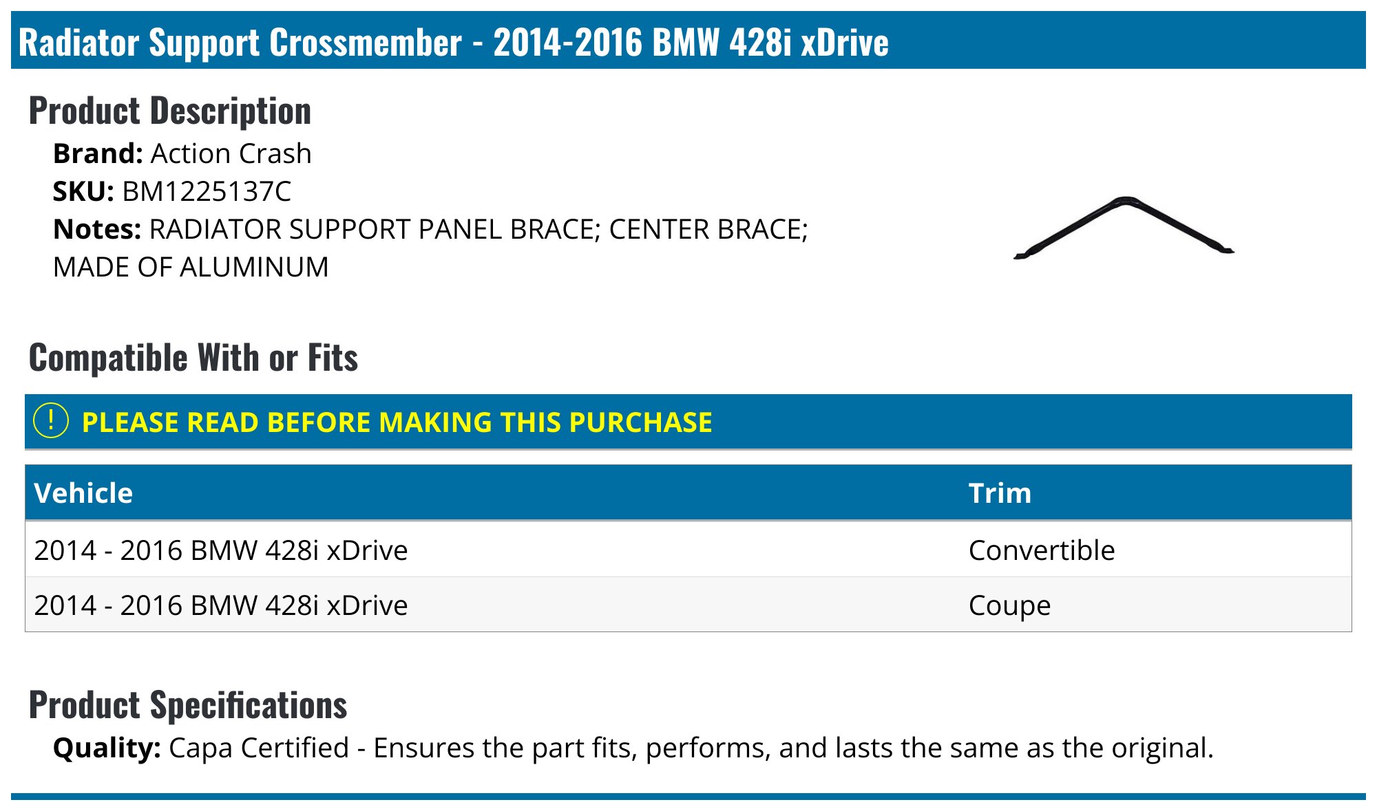 2014-2016 BMW 428i xDrive Radiator Support Crossmember - Action Crash ...
