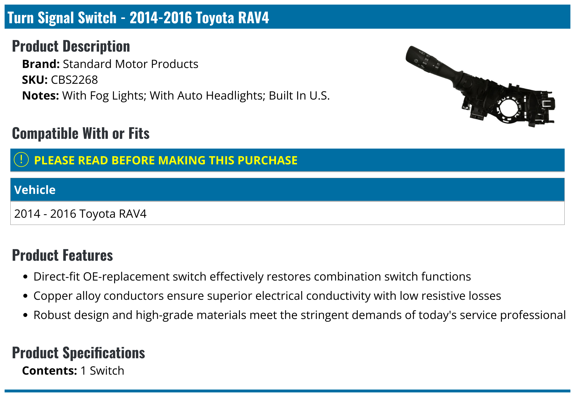 2014-2016 Toyota RAV4 Turn Signal Switch - Standard Motor Products ...