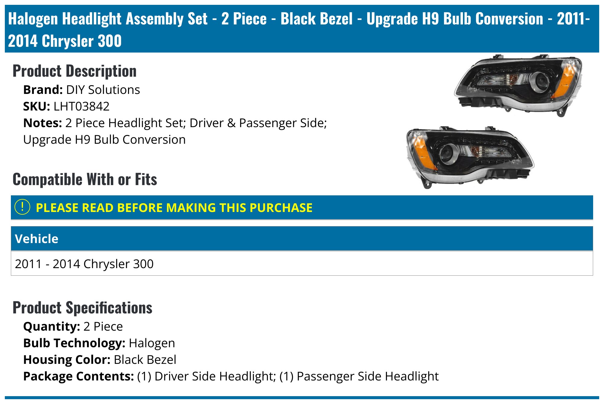 2011-2014 Chrysler 300 Headlight Assembly - DIY Solutions LHT03842 ...