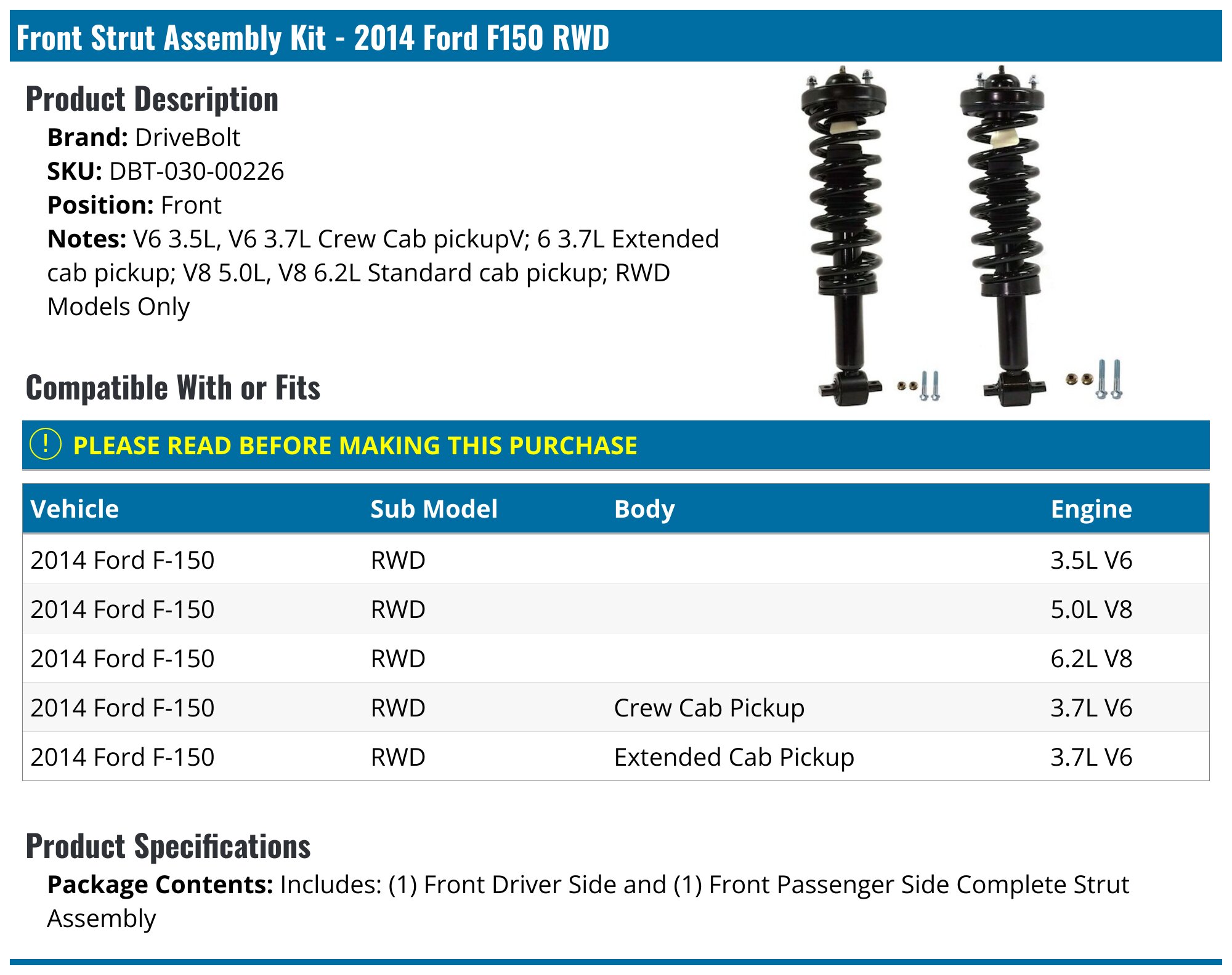 2014 Ford F150 Strut Assembly - DriveBolt DBT-030-00226 - Front ...