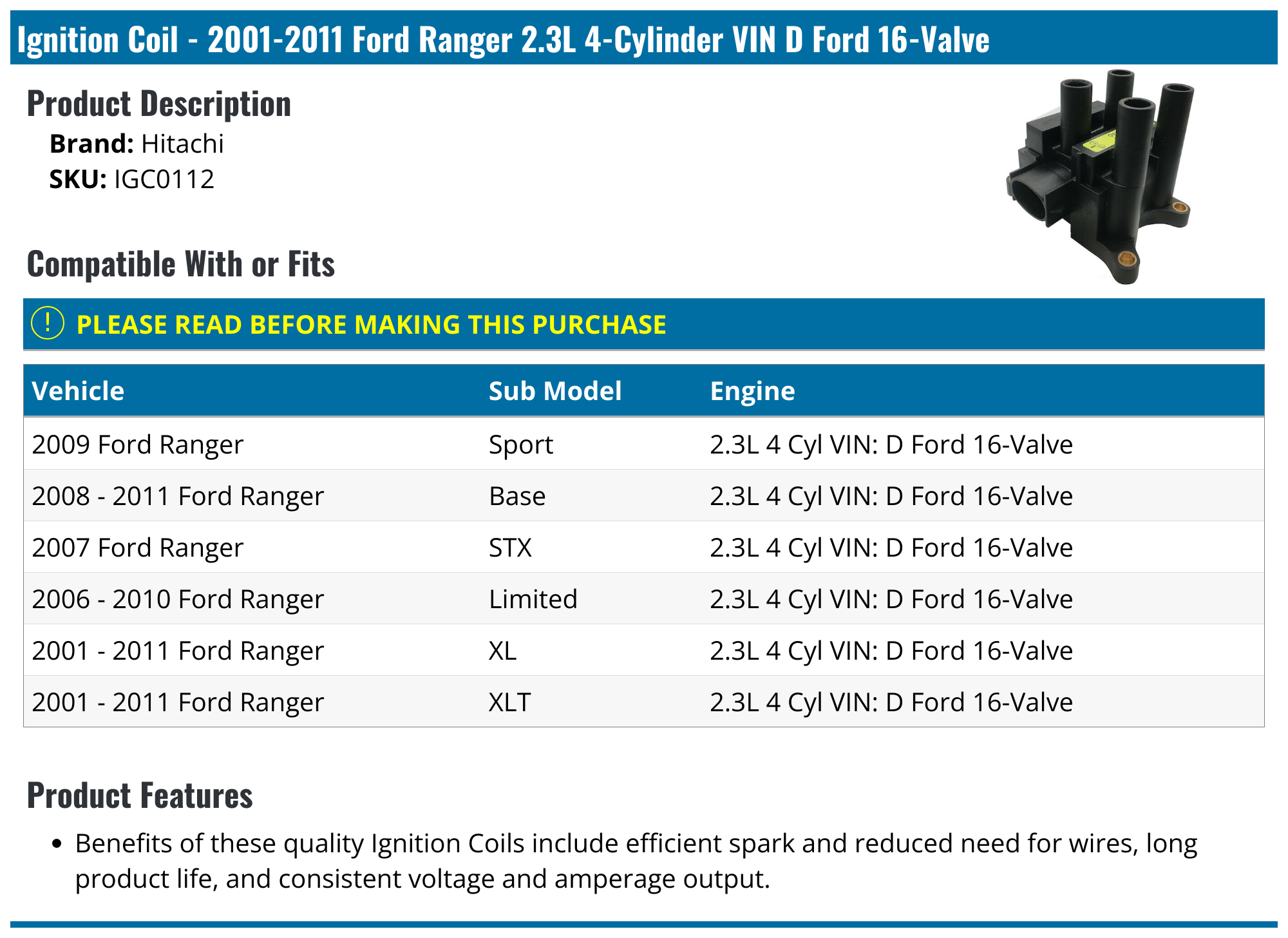 2001-2011 Ford Ranger Ignition Coil - Hitachi IGC0112 - PartsGeek.com