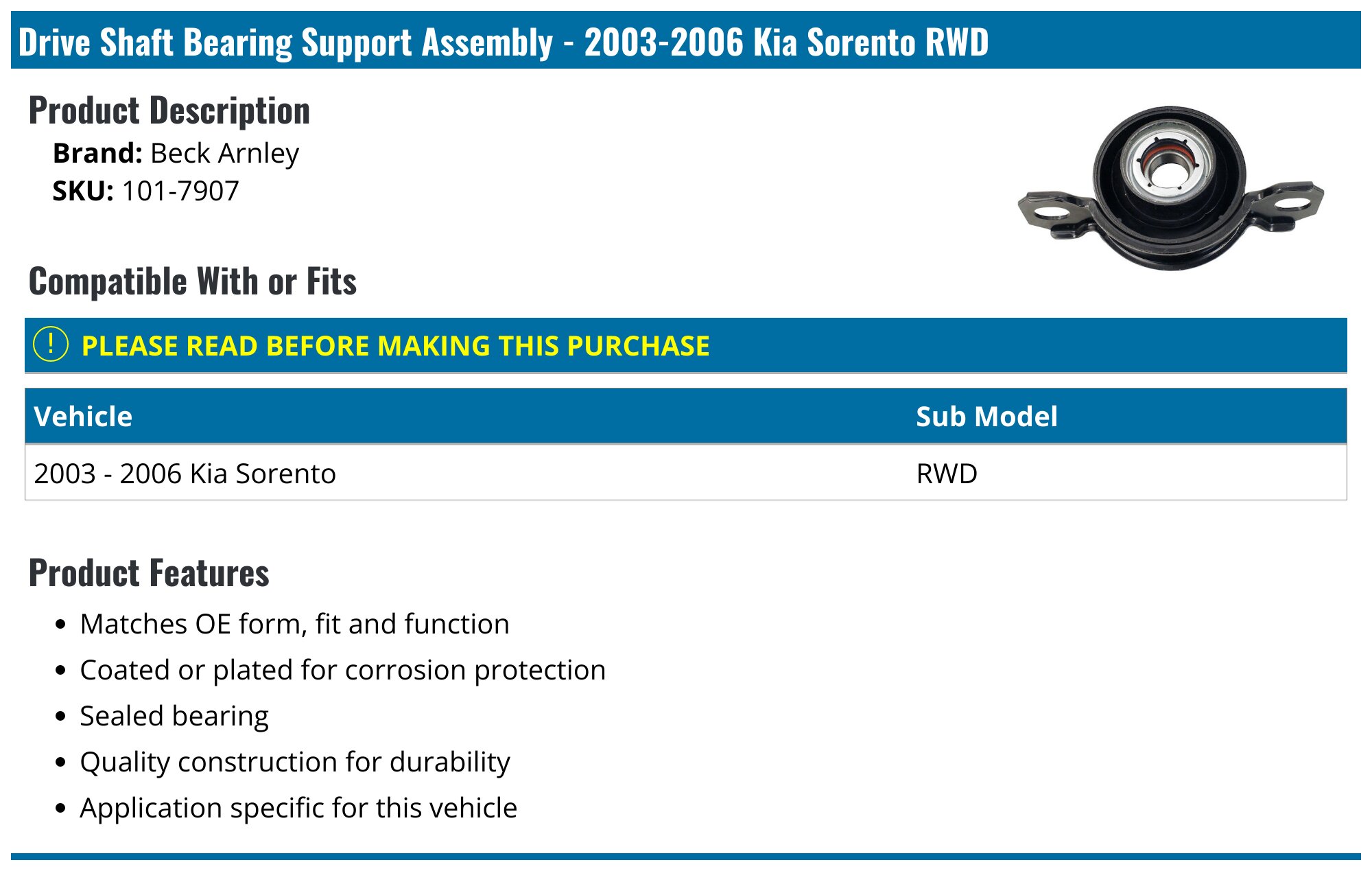 2003-2006 Kia Sorento Drive Shaft Bearing Support Assembly - Beck ...