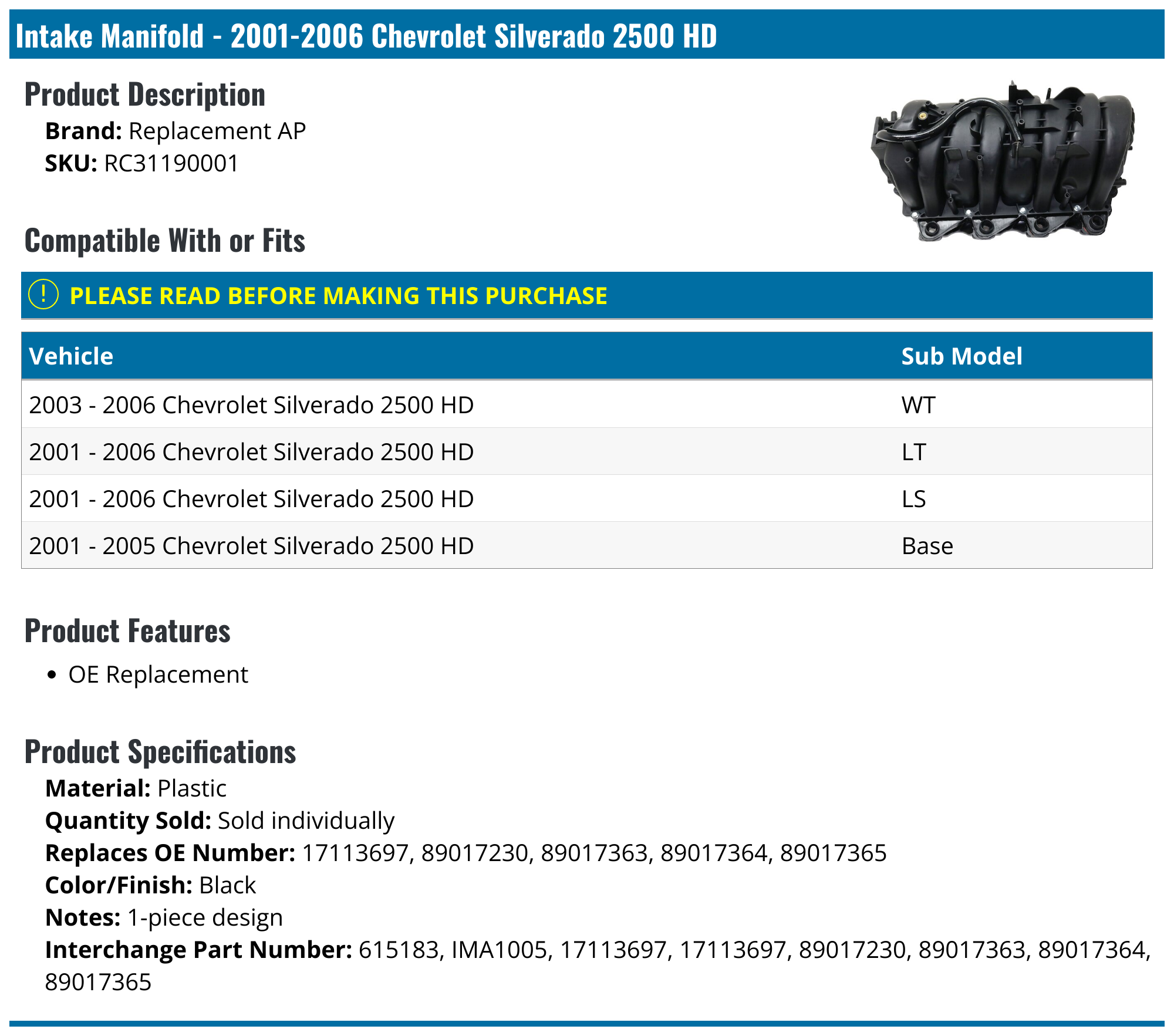 2001-2006 Chevrolet Silverado 2500 HD Intake Manifold - Replacement AP ...