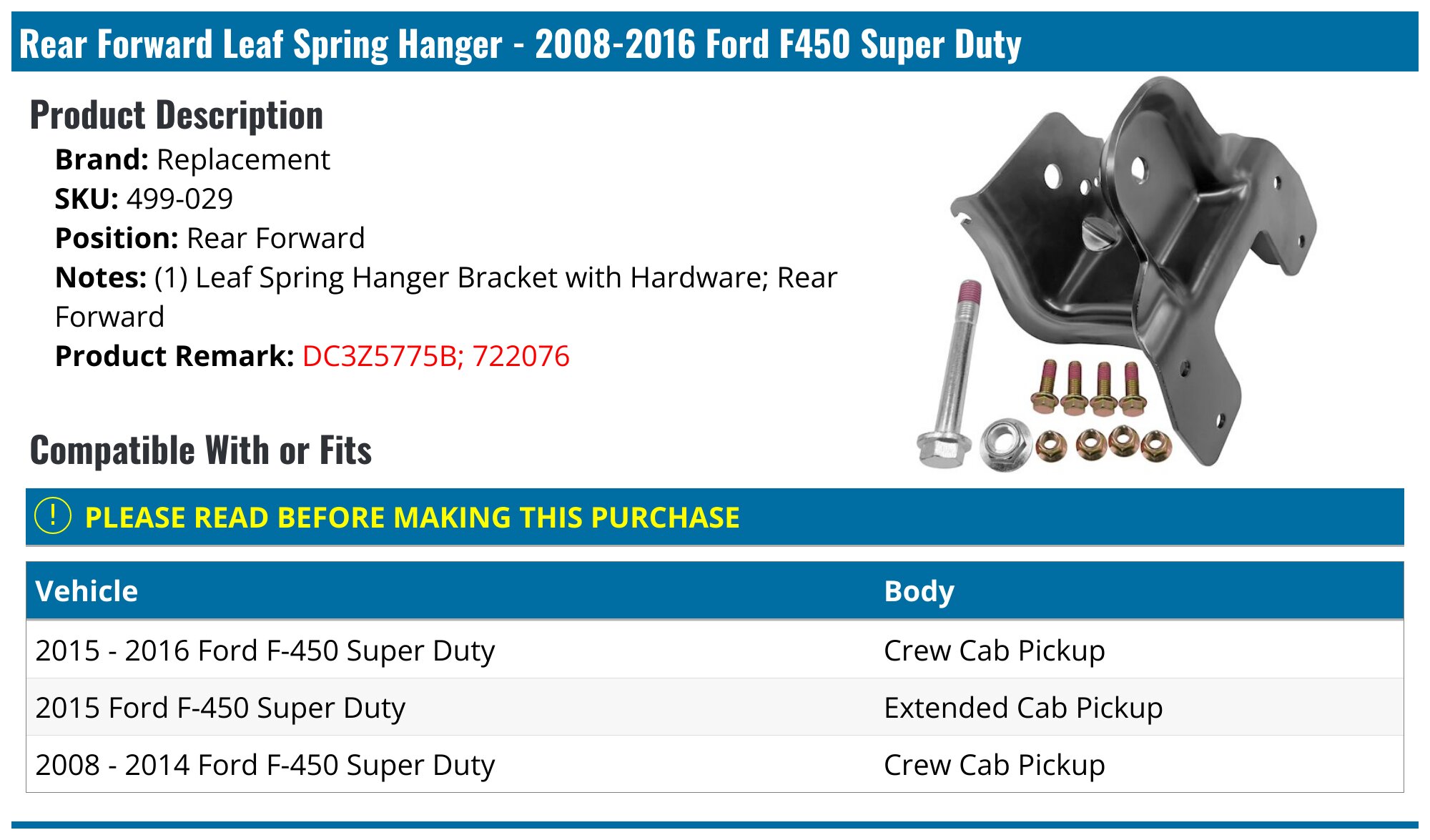 2008-2016 Ford F450 Super Duty Leaf Spring Hanger - Replacement 499-029 ...
